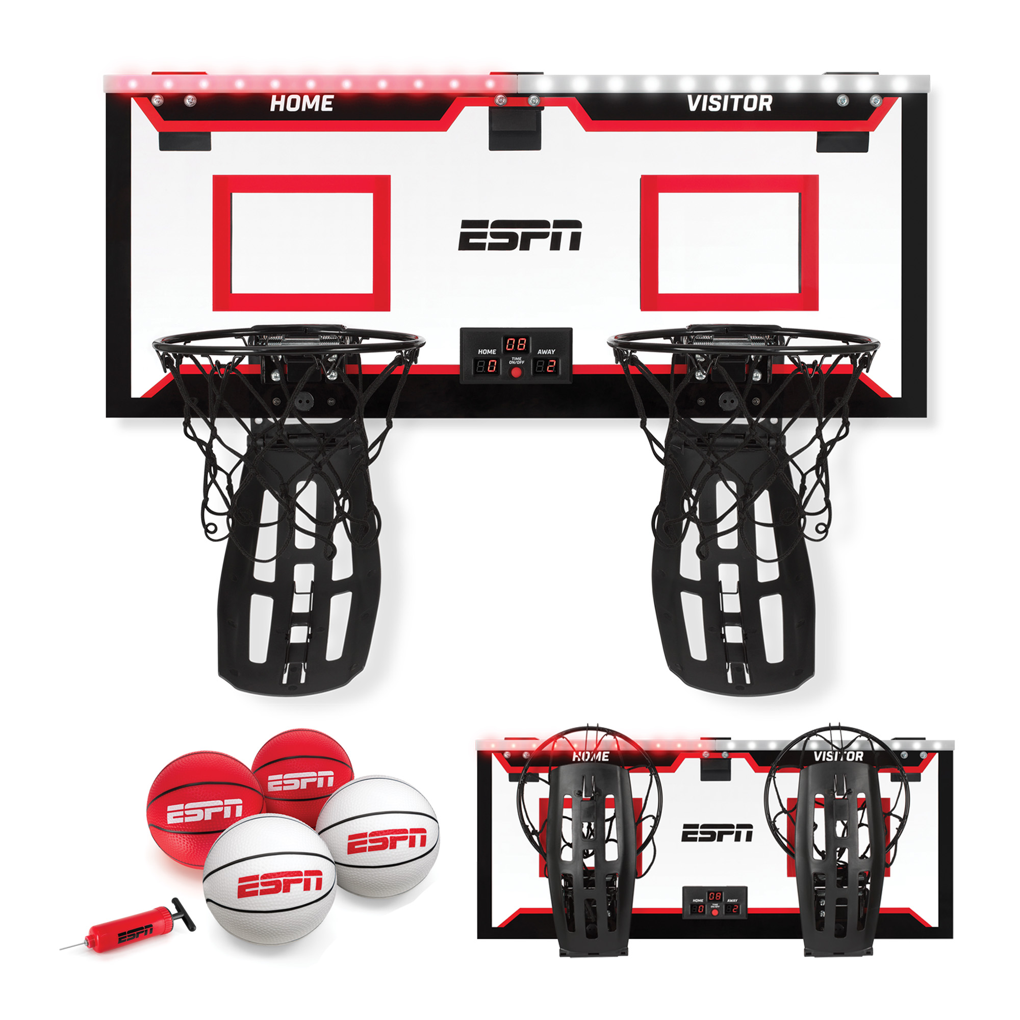 ESPN 2-Player Pro Dual Hoop with LED Scoreboard, Return Ramps, 4 Mini ...