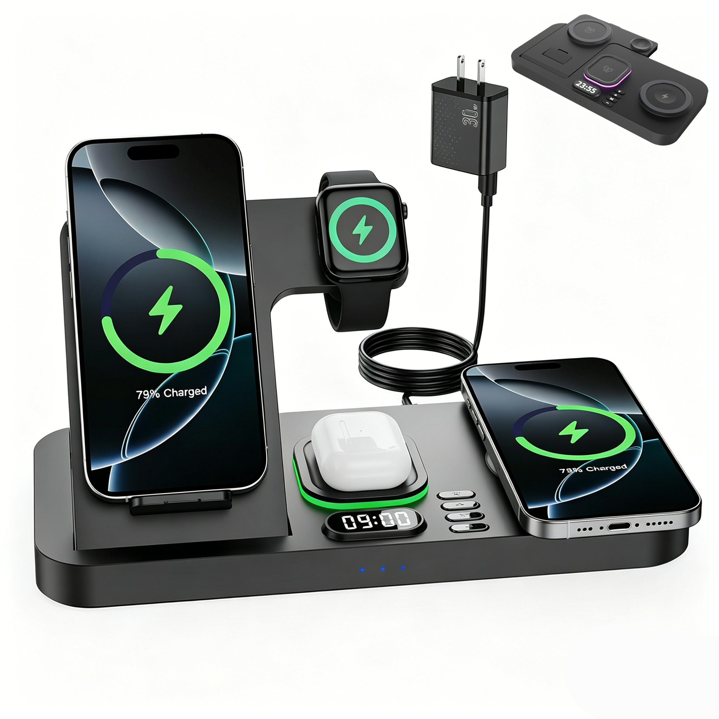 6-in-1 Magnetic Charging Station, Dual Phone Fast Charger with Clock ...
