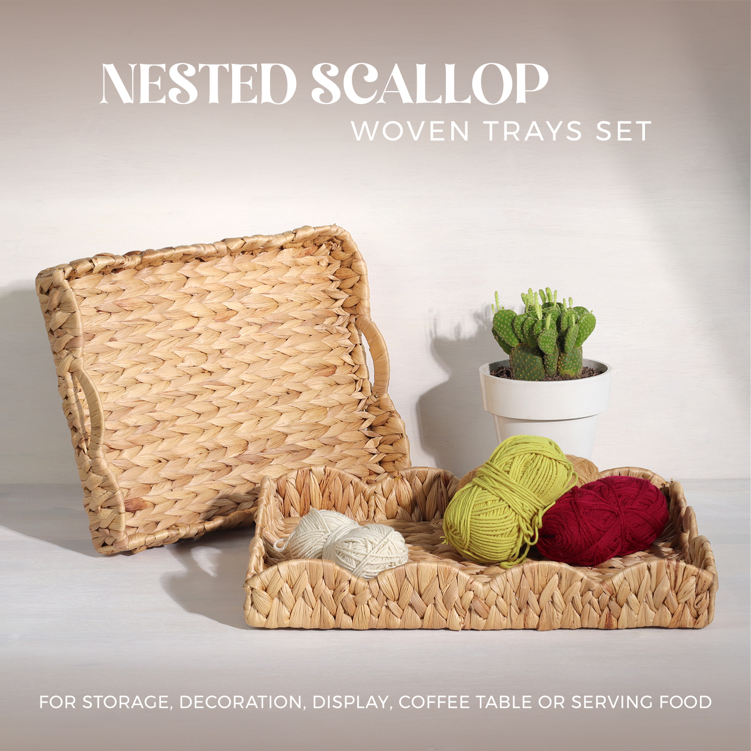 Water Hyacinth Handwoven Seagrass Tray with Scalloped Edge and Handles ...