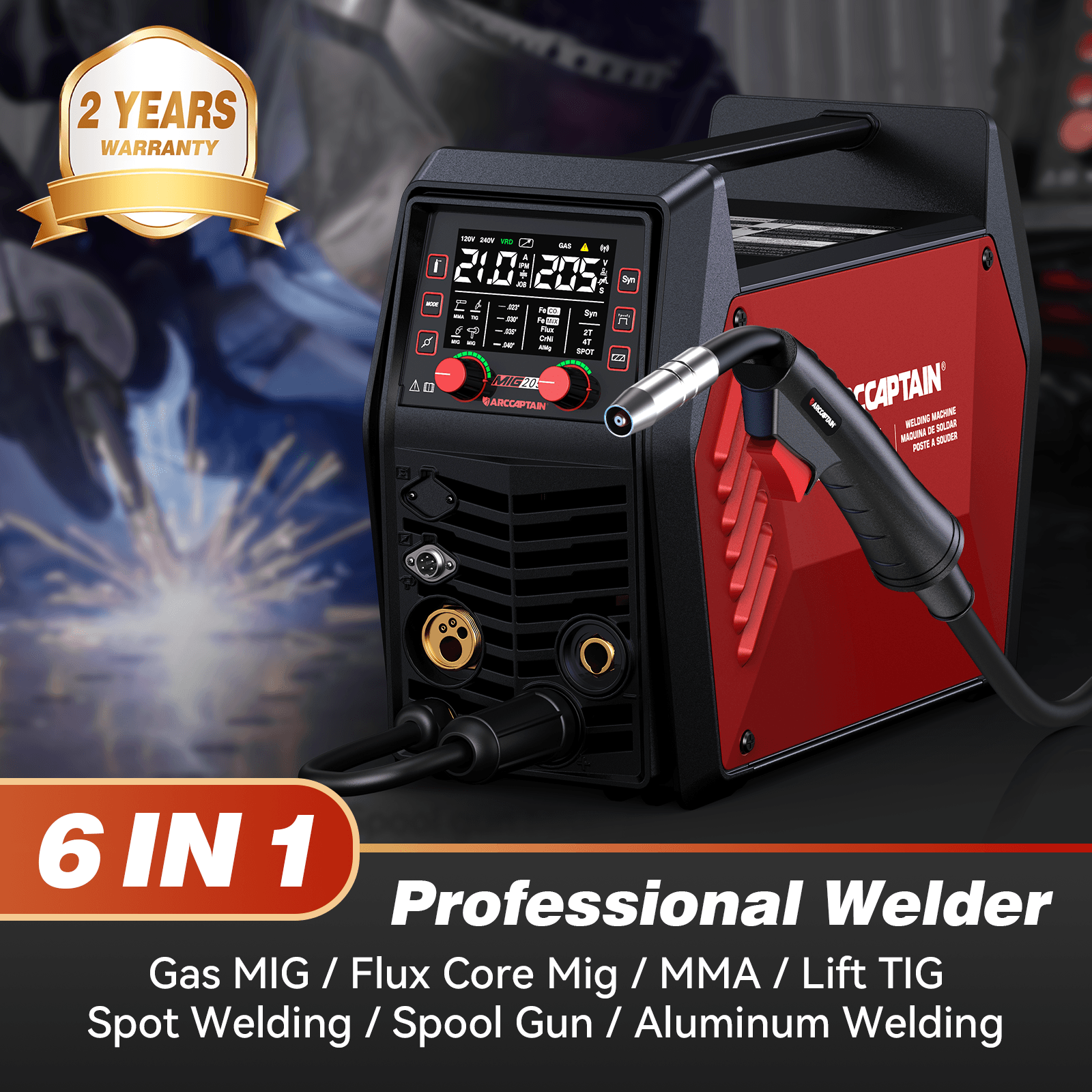 ARCCAPTAIN 205A Multi-Process MIG Welder, 6 in 1 Gas MIG/Gasless Flux ...