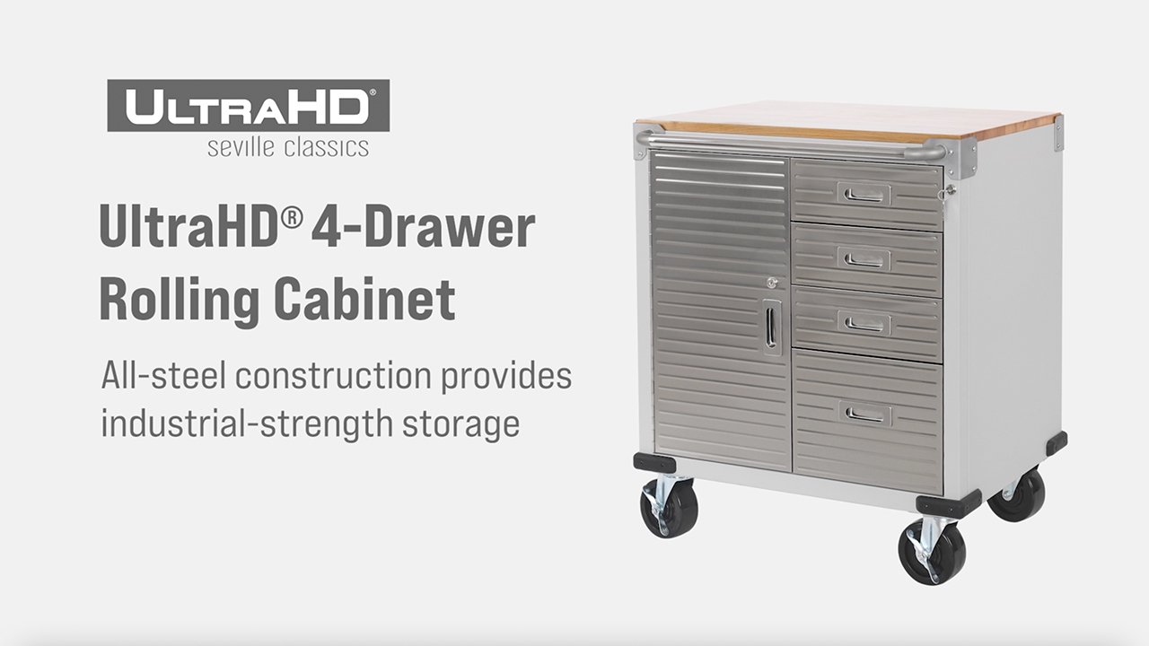 Seville UltraHD Rolling Workbench, Heavy Duty, 1-Door, 4-Drawer, Solid Wood Top, Graphite ...