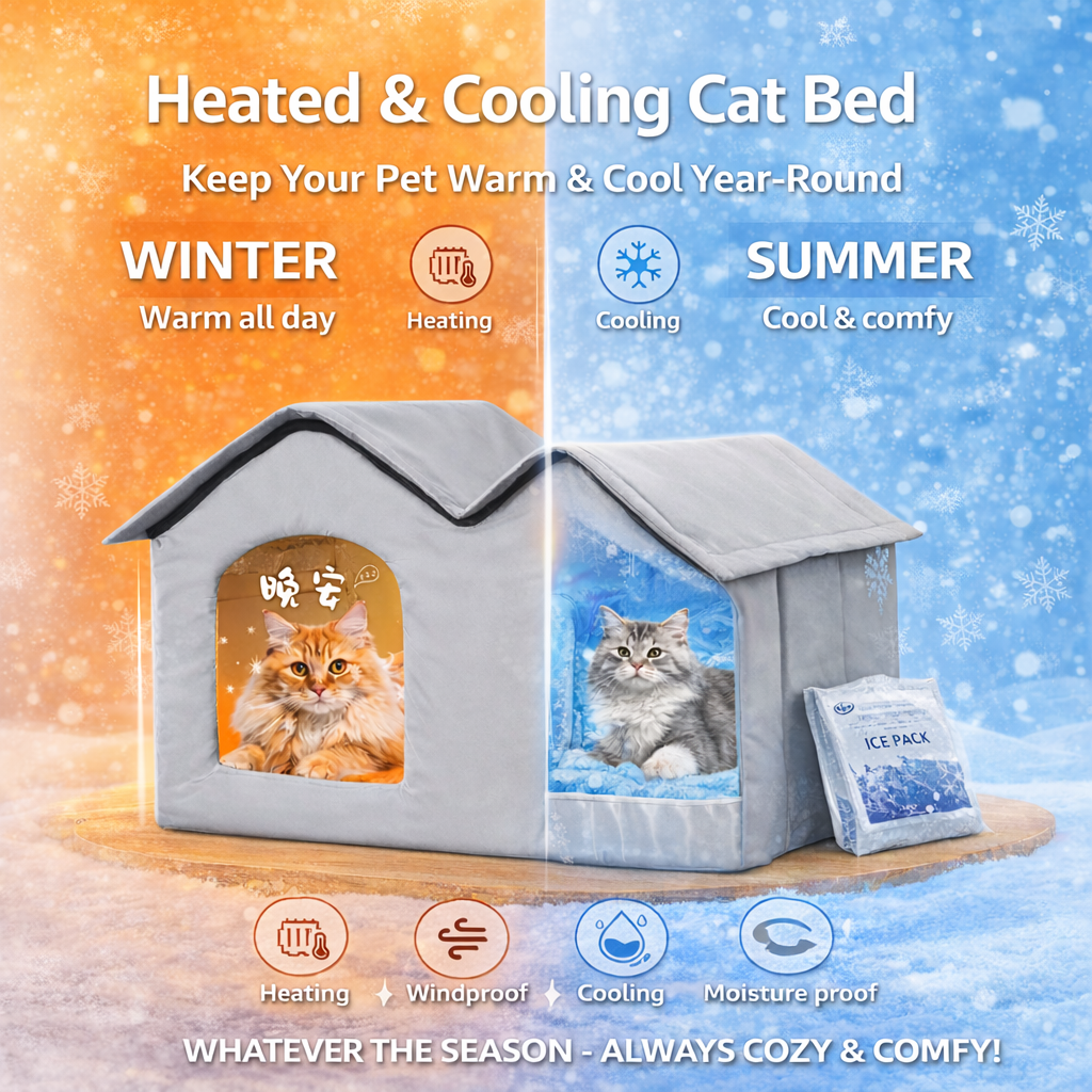 2-in-1 Heating & Cooling Pet House: Foldable 3-Size Cat/Dog Bed with ...