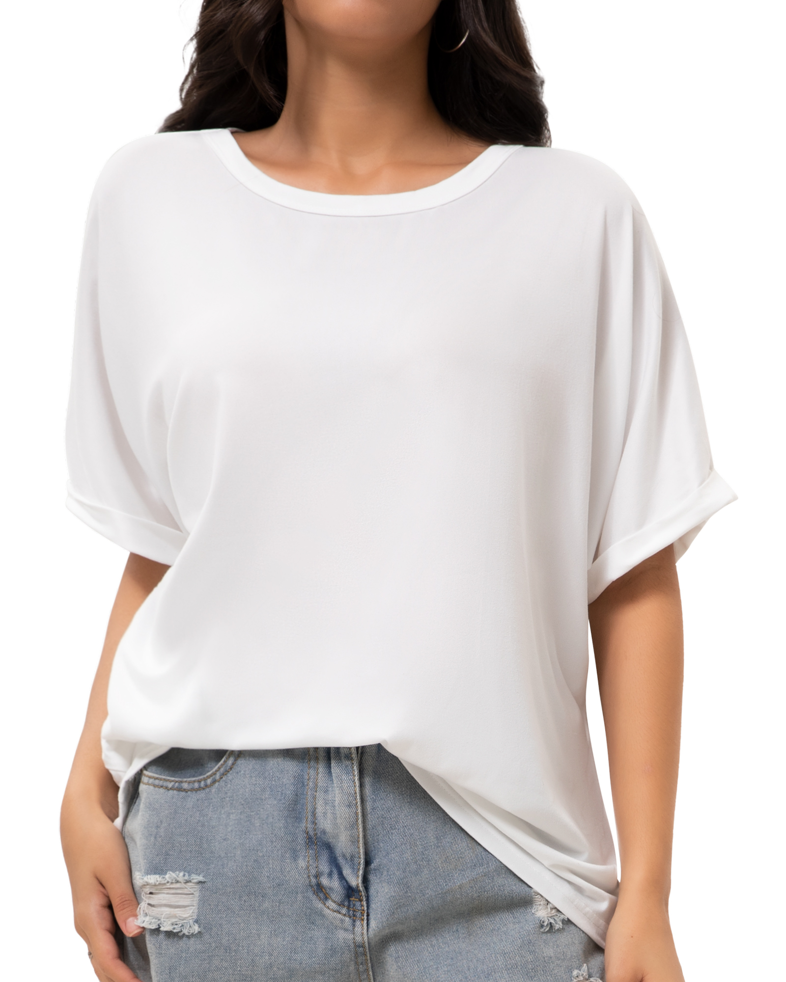 Women Oversized T-Shirt Round Neck Pull On T-Shirt Basic Casual Loose ...
