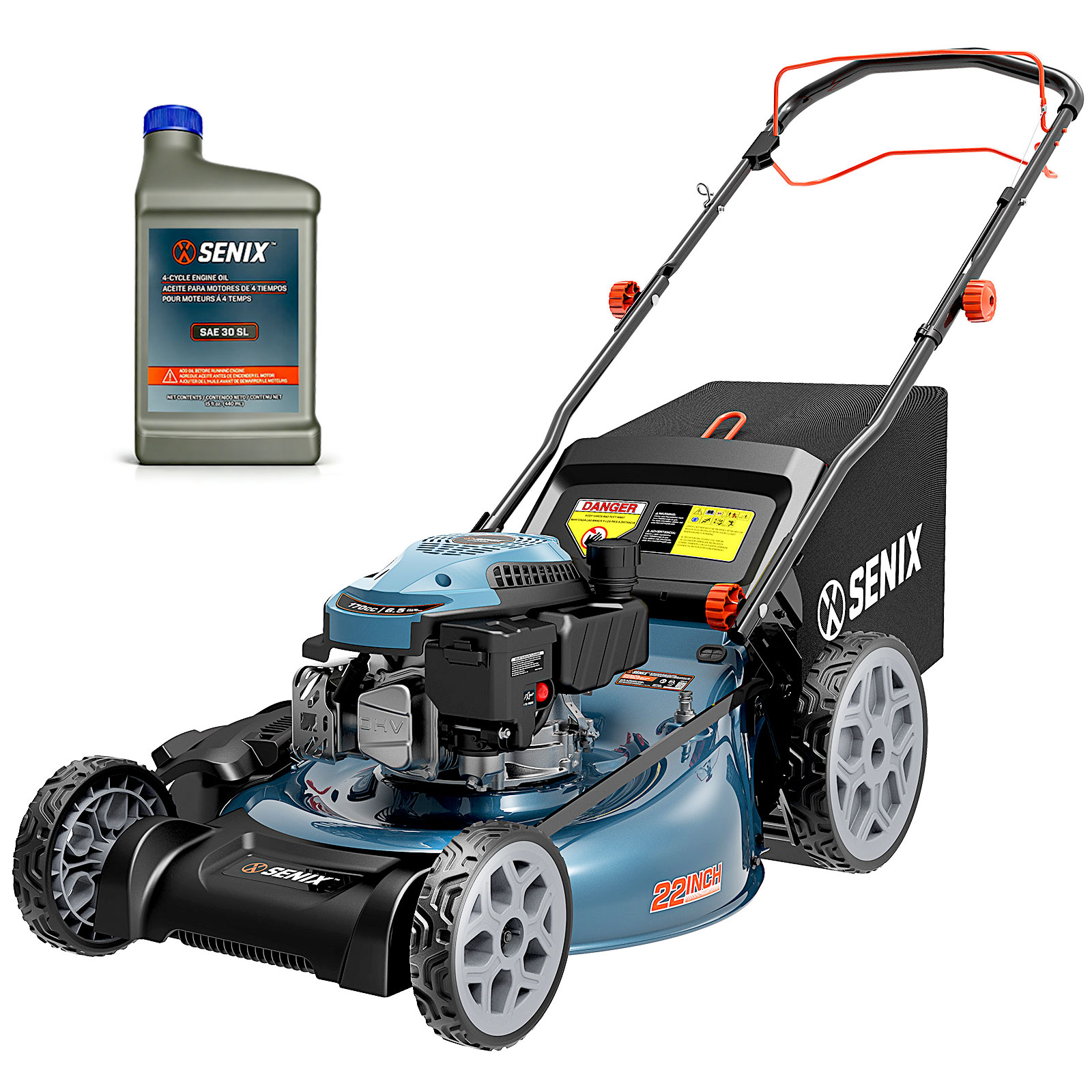 Senix, 22" 170cc 4-in-1 Self-Propelled Gas Lawn Mower, 72L Bag ...