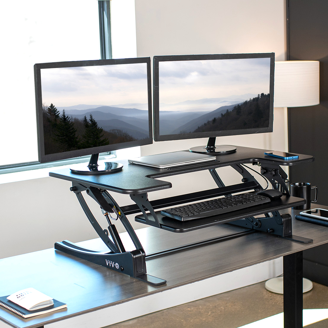 VIVO Dual Desktop Laptop, Rustic Vintage Brown Standing Desk Riser, Sit ...