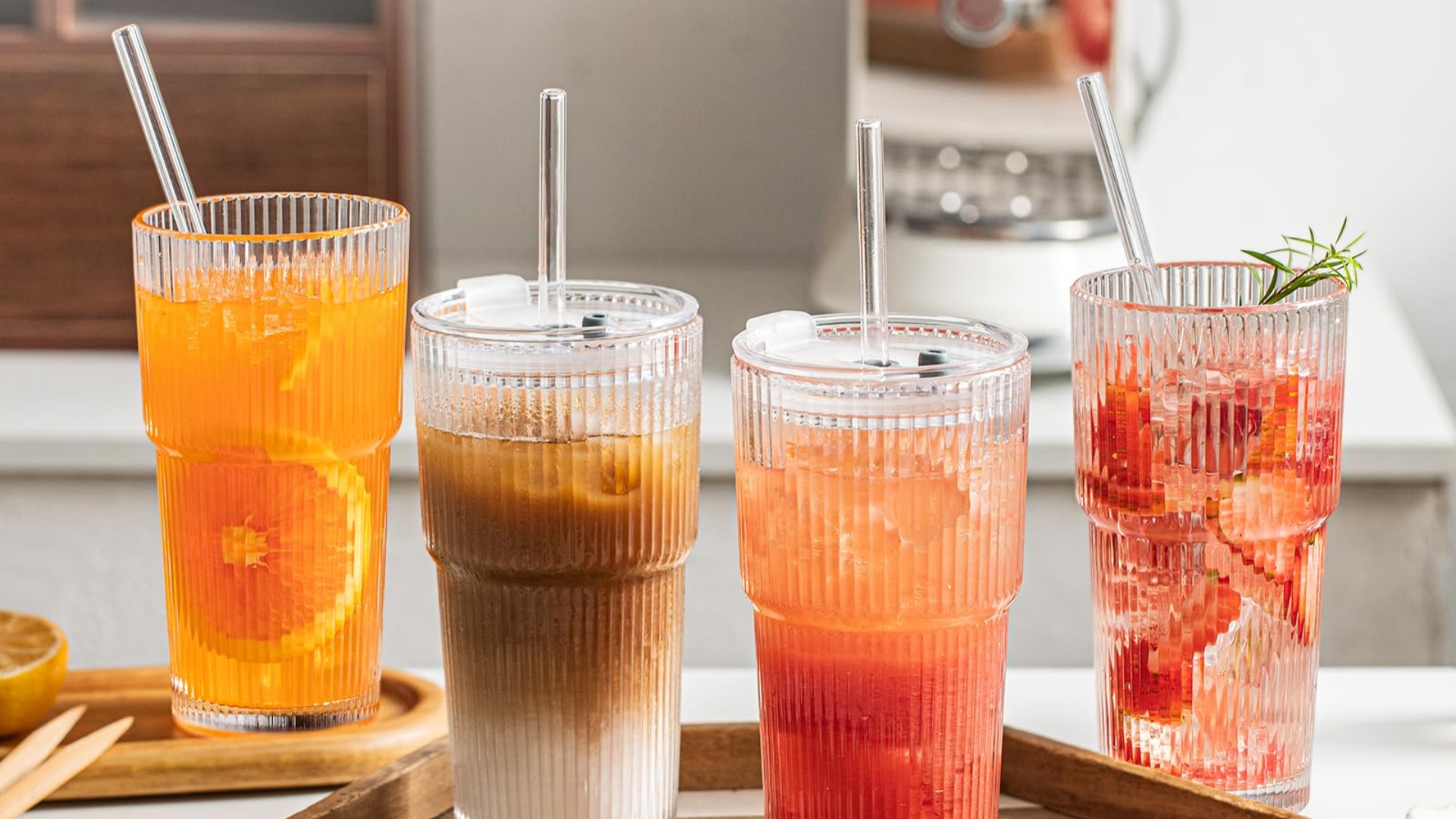 KOCHIC CRATE 2Pcs Glass Cups with Lids and Straws, 18oz Ribbed Glass ...
