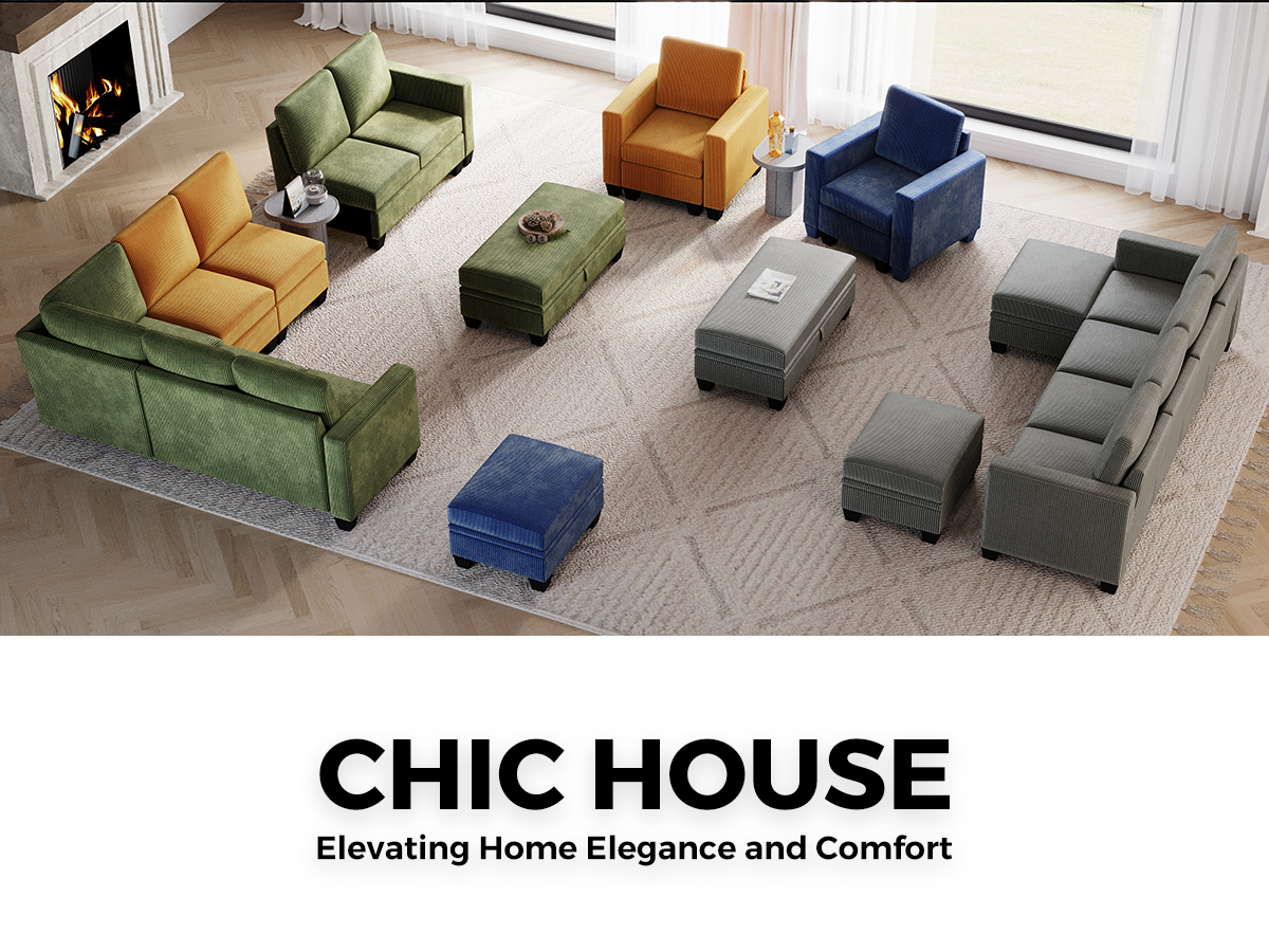 CHIC HOUSE Cloud Couch Corduroy Modular Sectional Sofa with Ottoman L ...