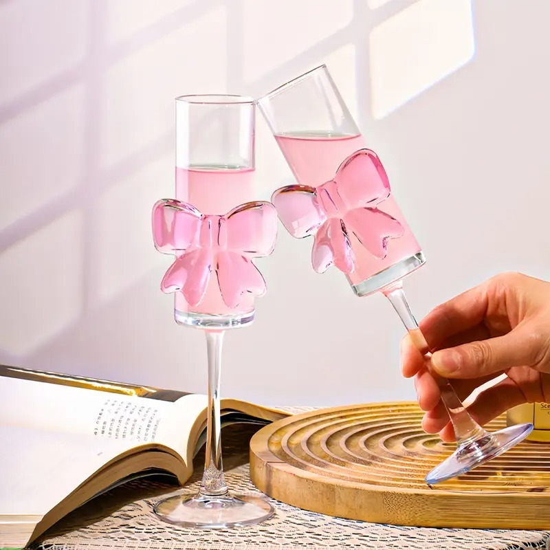 2 Pcs Elegant Pink Bow Champagne Flutes, 5.75oz Crystal Clear Glass ...