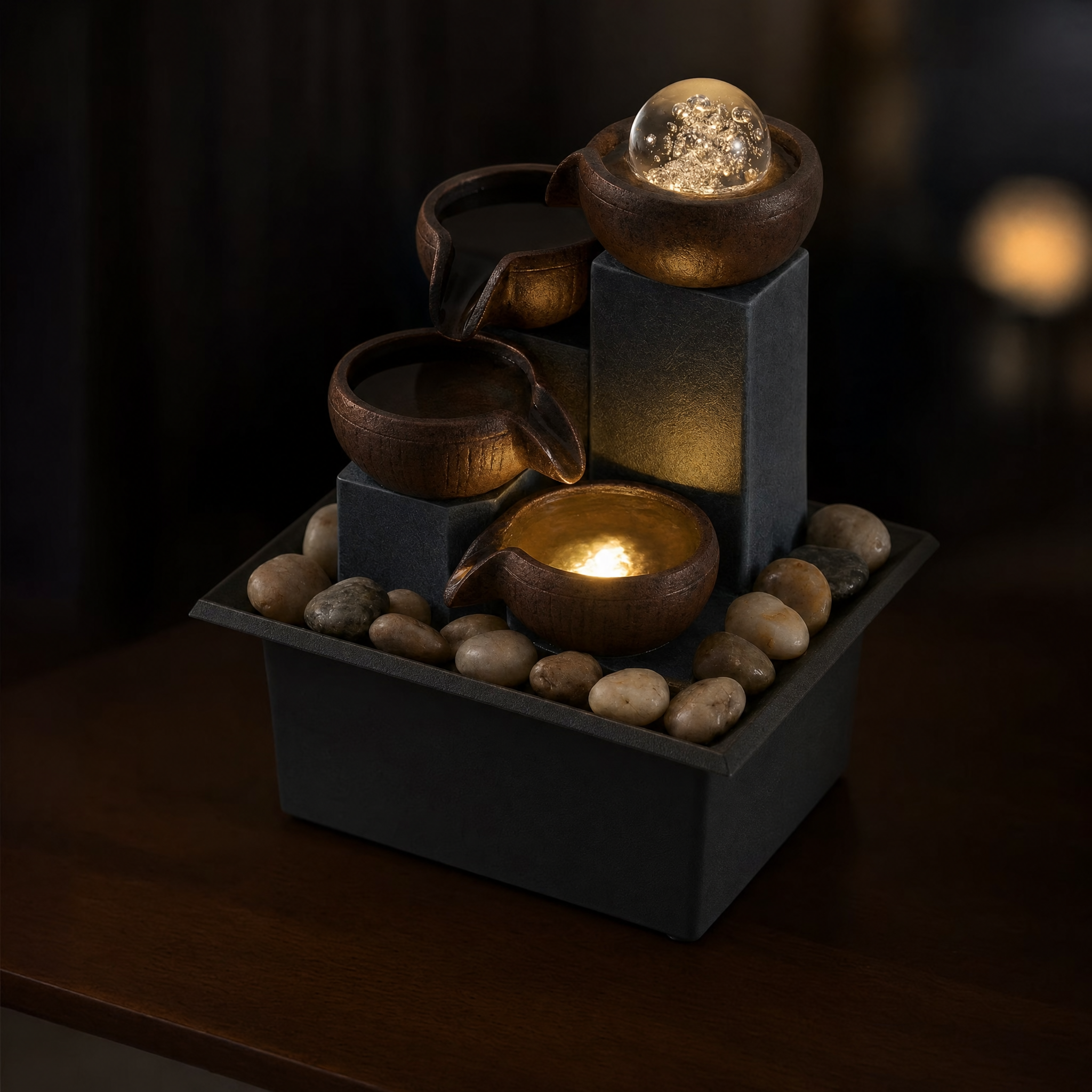 Desktop Fountain Level 4 Tabletop Waterfall - LED Lights, Indoor, Brown ...