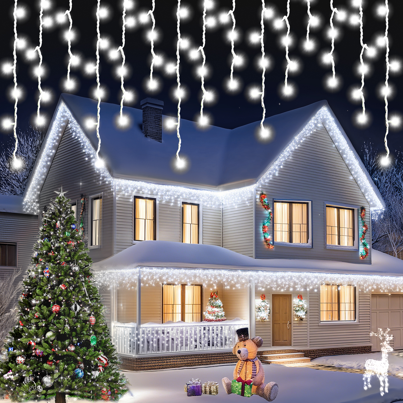 2 Pack,40FT 480 LED Christmas Outdoor Icicle Lights,8 Modes,IP44 ...