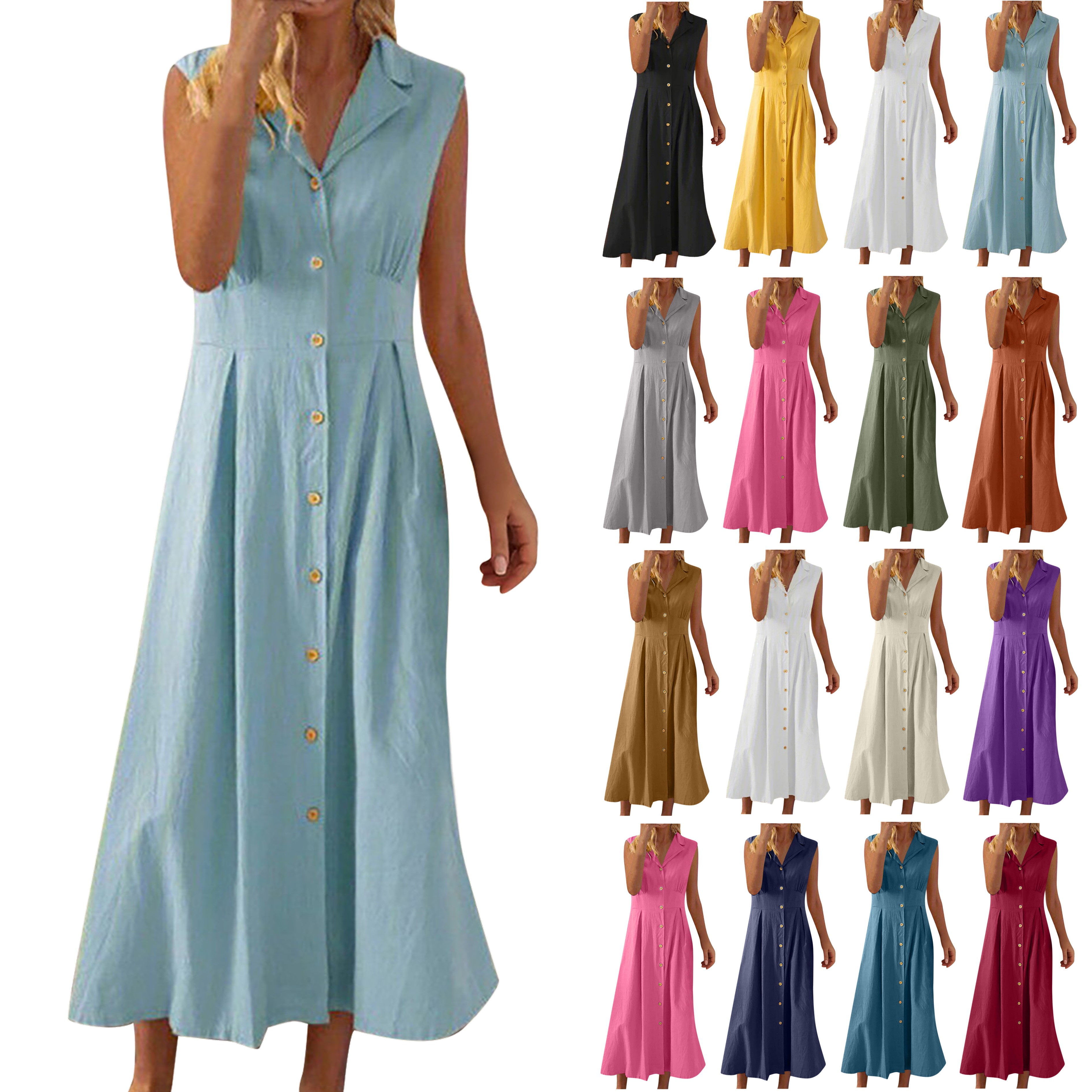 Feancey Women Cotton Linen Tunic Dress Sleeveless Lapel Button Down ...