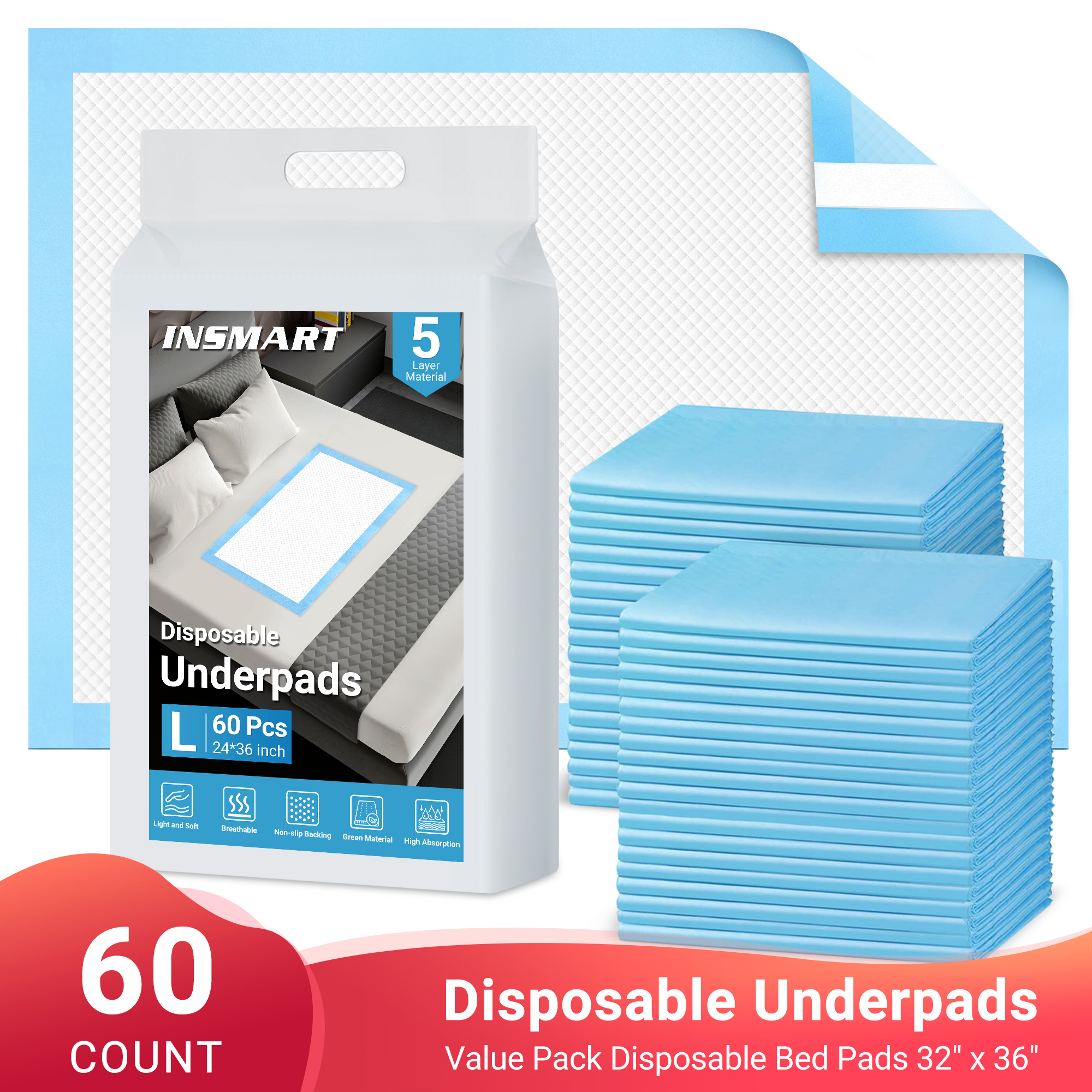 INSMART Bed Pads for Incontinence Disposable 24'' X 36'' , 60 Count ...