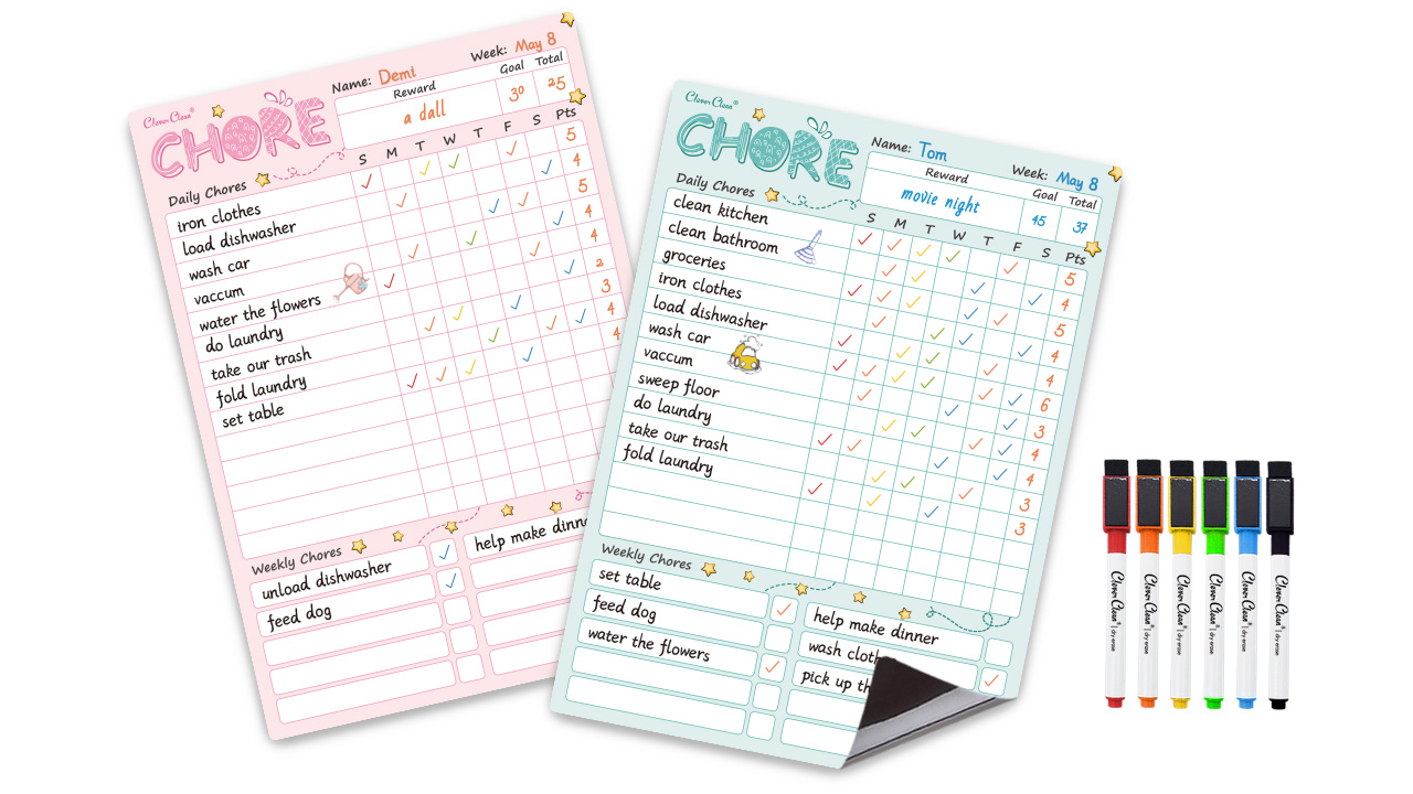 Clever Clean Magnetic Dry Erase Board Chore Chart Kit with 6 Extra Fine ...