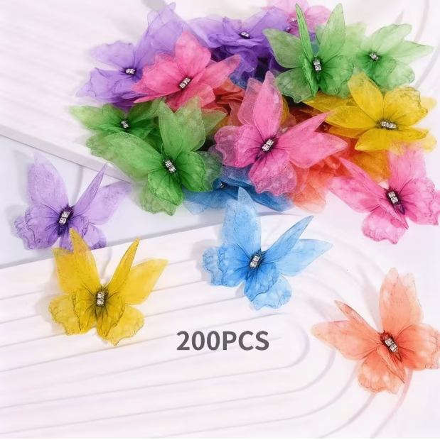 200Pcs 3D Butterfly Appliques, Random Mixed Colors Double-Layer Mesh ...