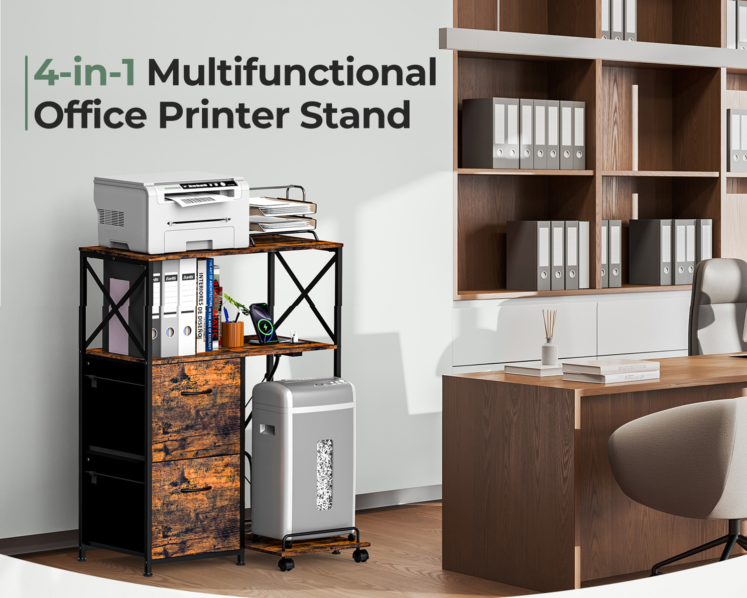 VicTsing Mobile Printer Stand with File Cabinets, Large Capacity ...