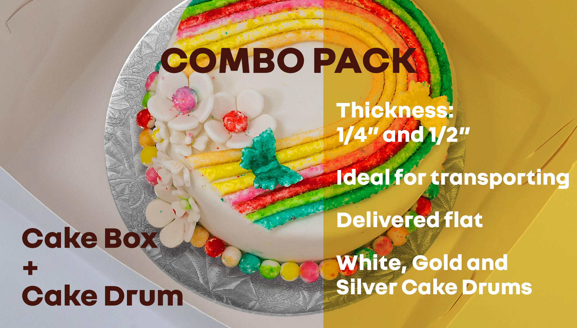 12" Combo Box Set - 12x12x6 White Cake Box with 12" Gold Round Drum 1/2 ...