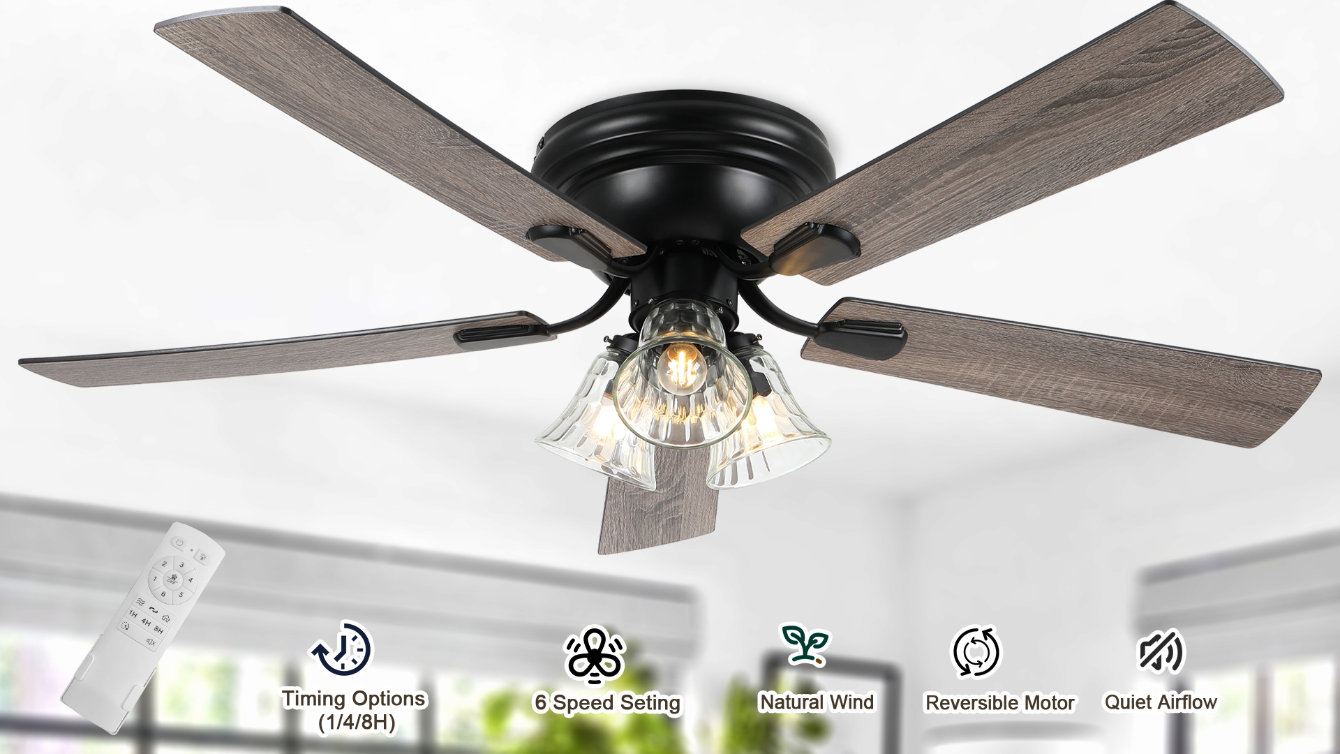 Bella Depot 52" Black Modern Flush Mount Ceiling Fan with Light and ...