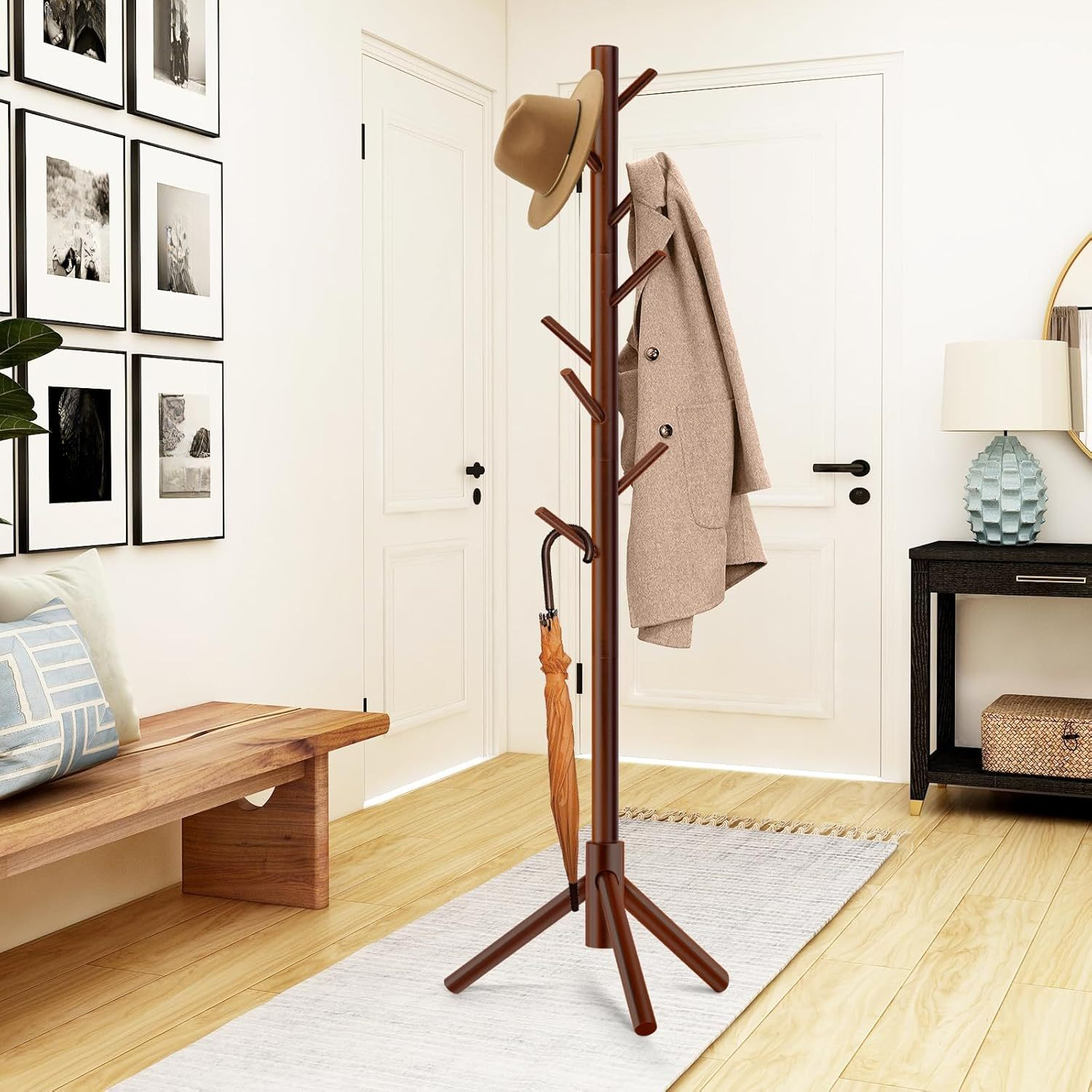 Freestanding Wooden Coat Rack with 8 Hooks, Adjustable Size for Bedroom ...