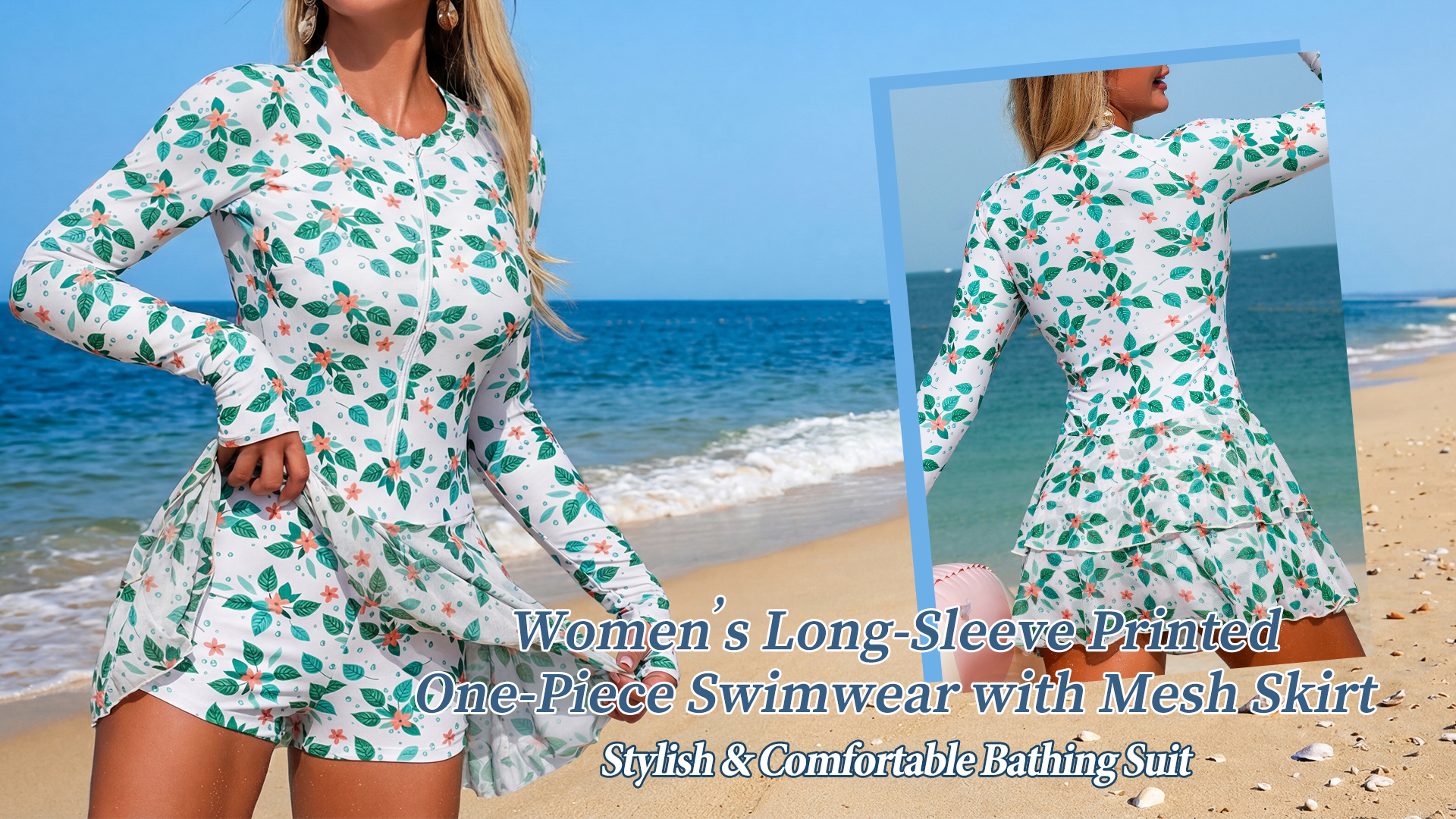Ausing Long Sleeve Swim Dress for Women Floral Print Skirted Swimwear ...