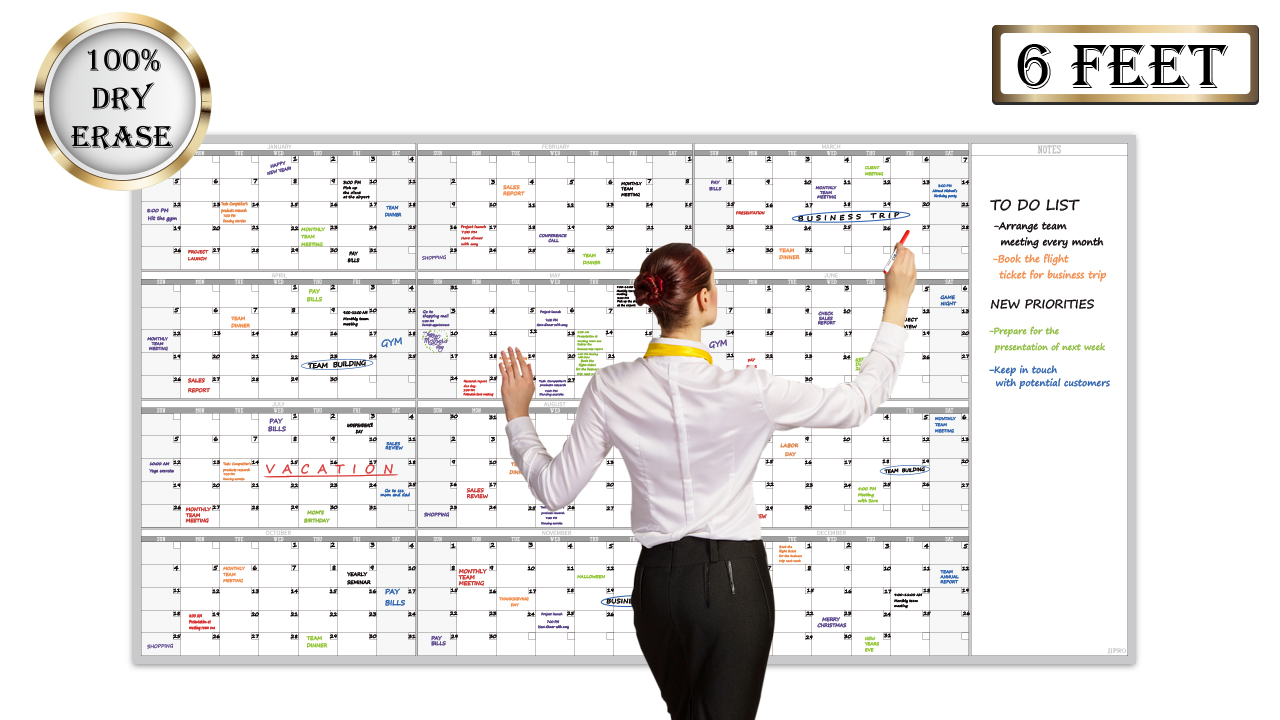 JJPRO, Reusable Dry Erase Yearly Wall Calendar, 38" x 72", Multicolor ...