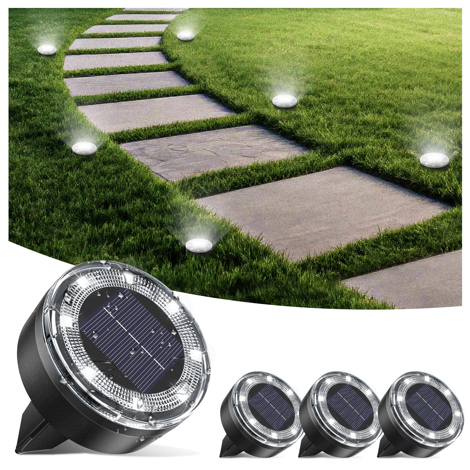 8 Pack Solar Mini Ground Lights Outdoor - 8 LED Disc Lights with Flat ...