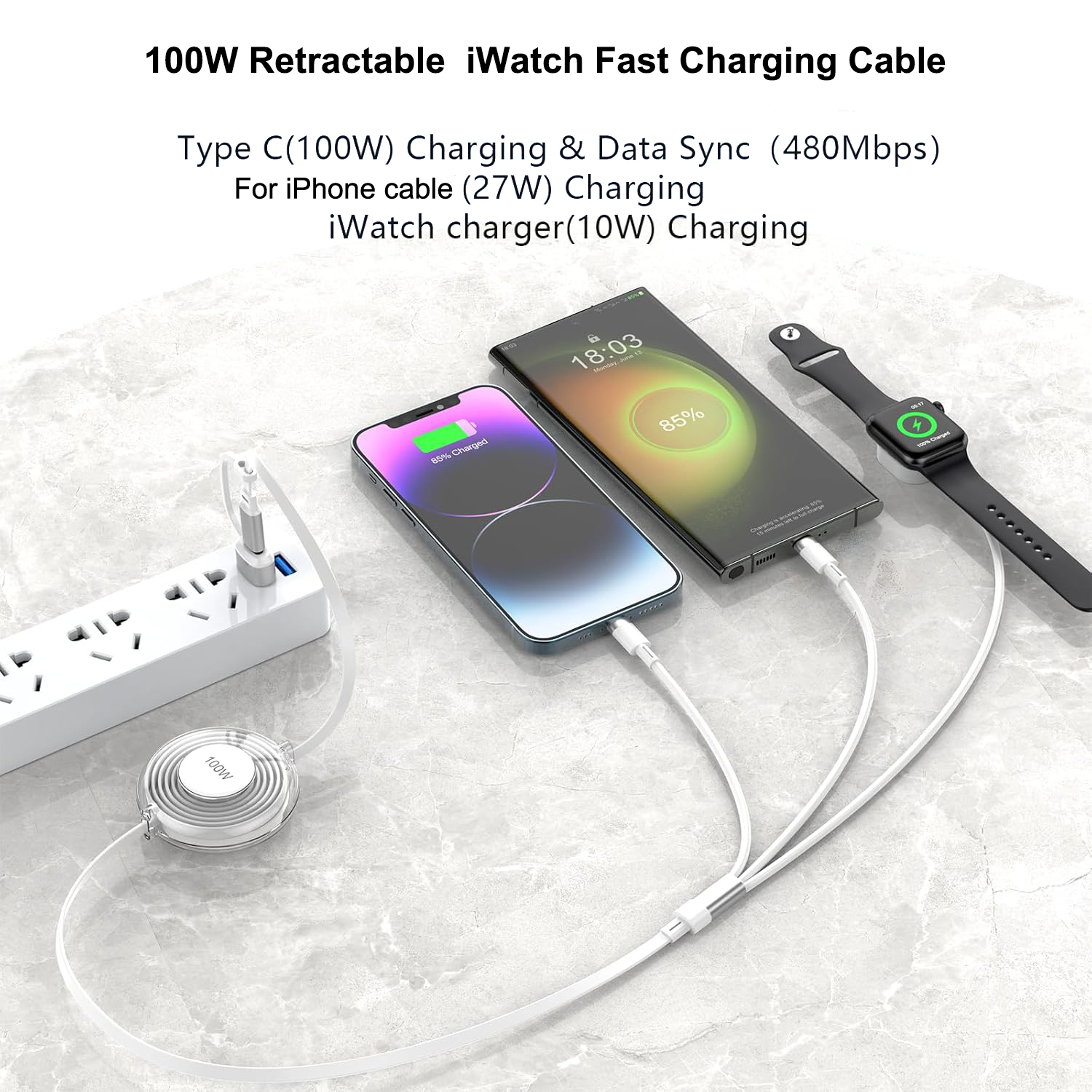 3-in-1 Retractable Multi Charger for Apple Watch - 100W Retractable ...