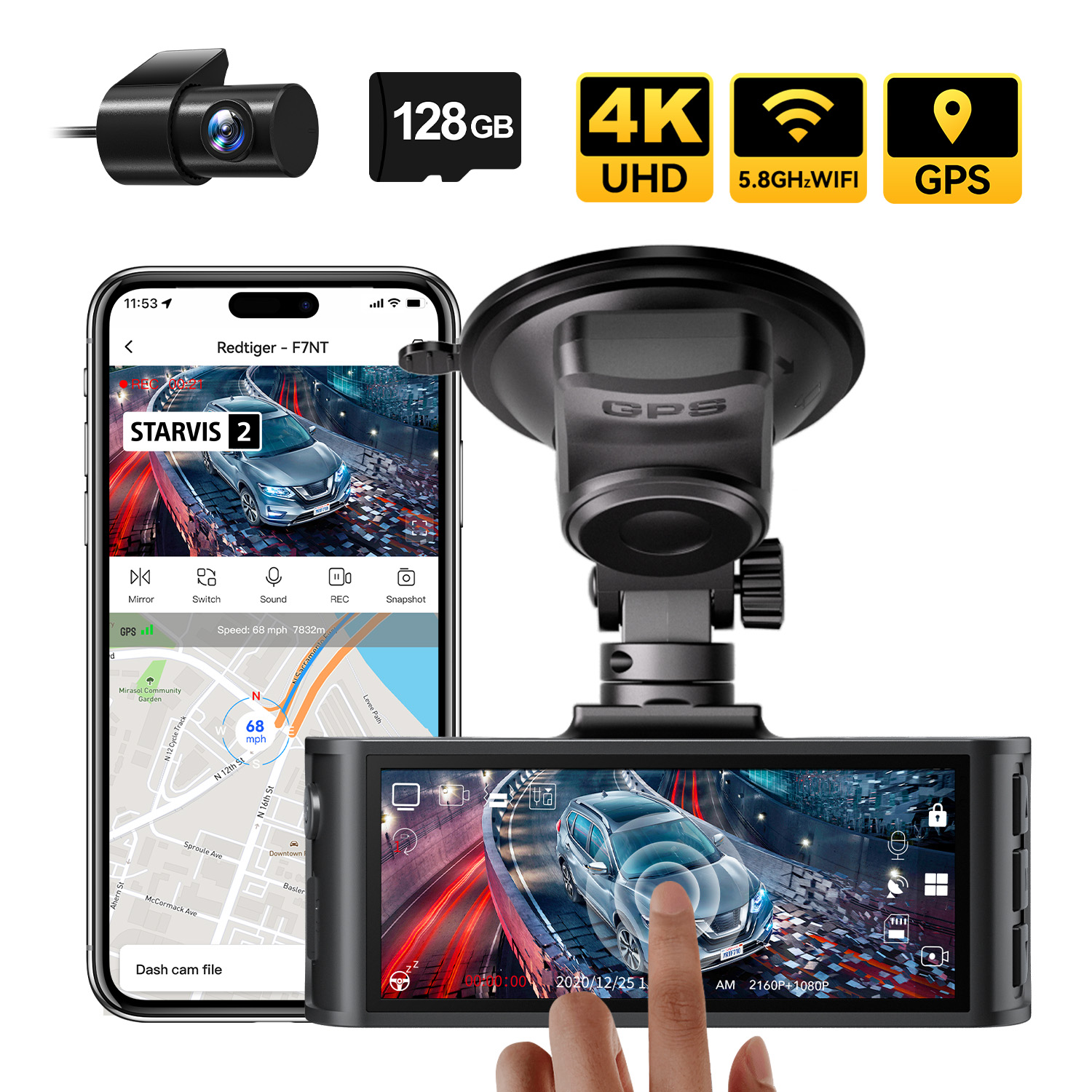 REDTIGER Dash Cam Front and Rear, 4K+1080P Recorder, Touch Screen, WiFi ...