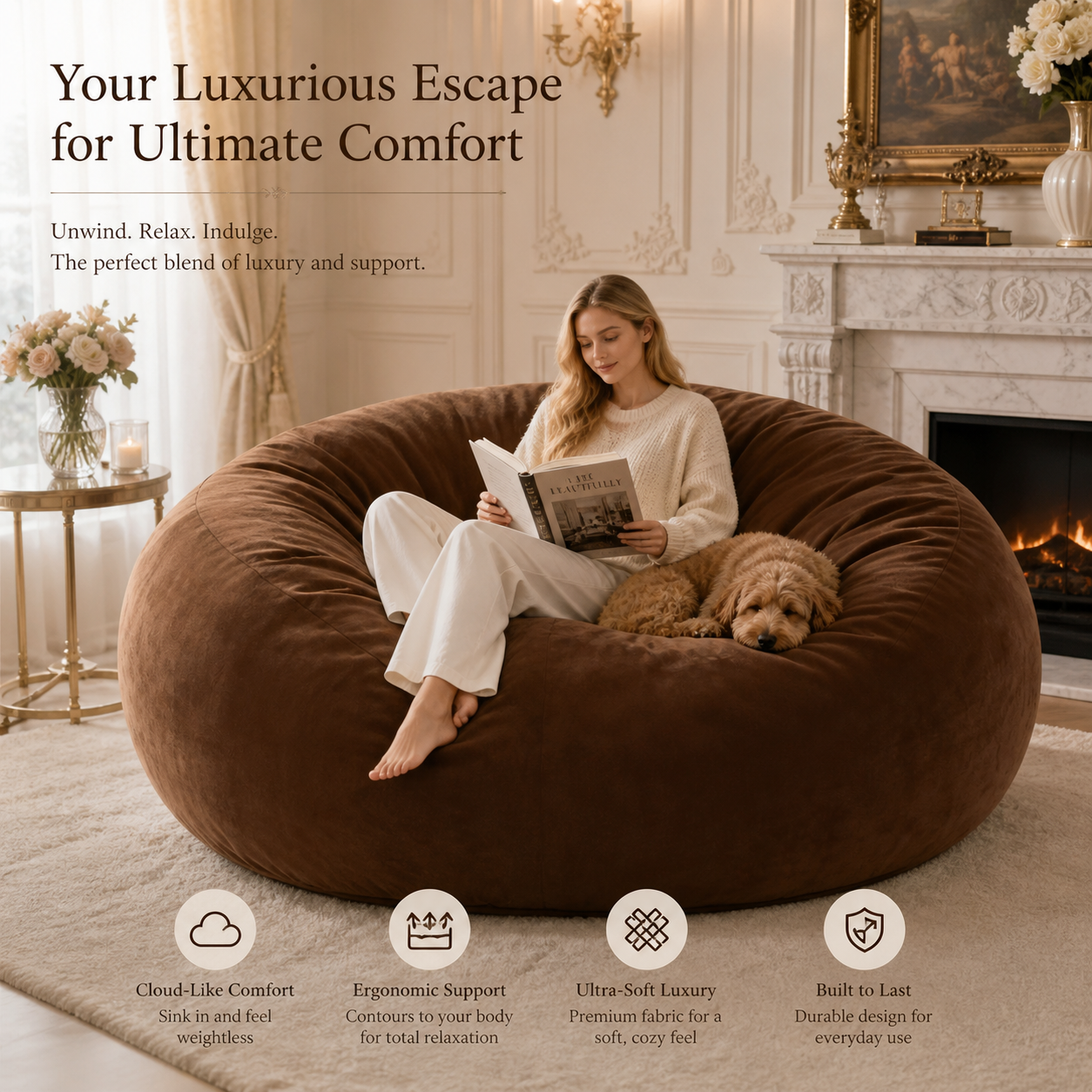 6FT Large Bean Bag Chair, Memory Foam Sofa with Washable Suede Cover ...