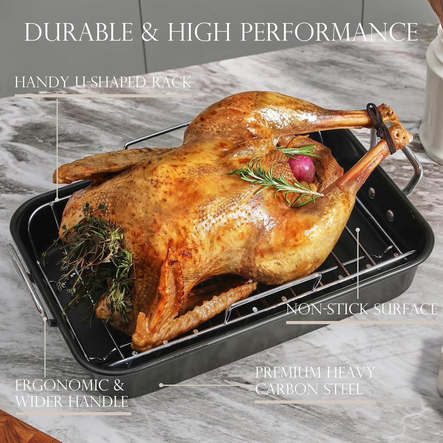 KITESSENSU Deep Non-Stick Large Cooking Roasting Pan with Rack, 15 x 11 ...