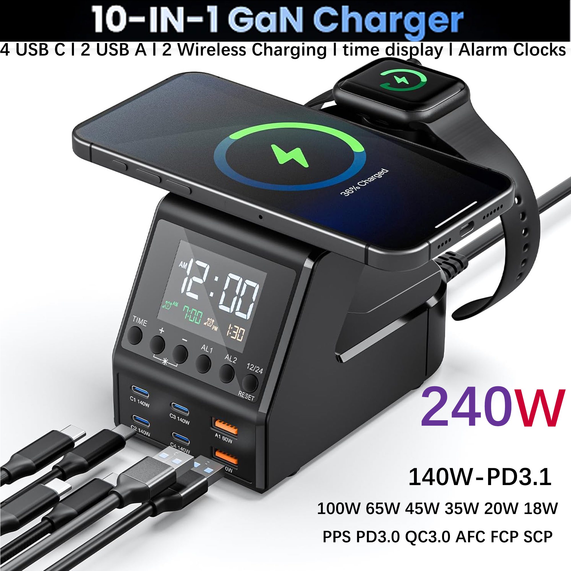 240W GaN Charging Station for Multiple Devices,8-Port Wireless Charger ...