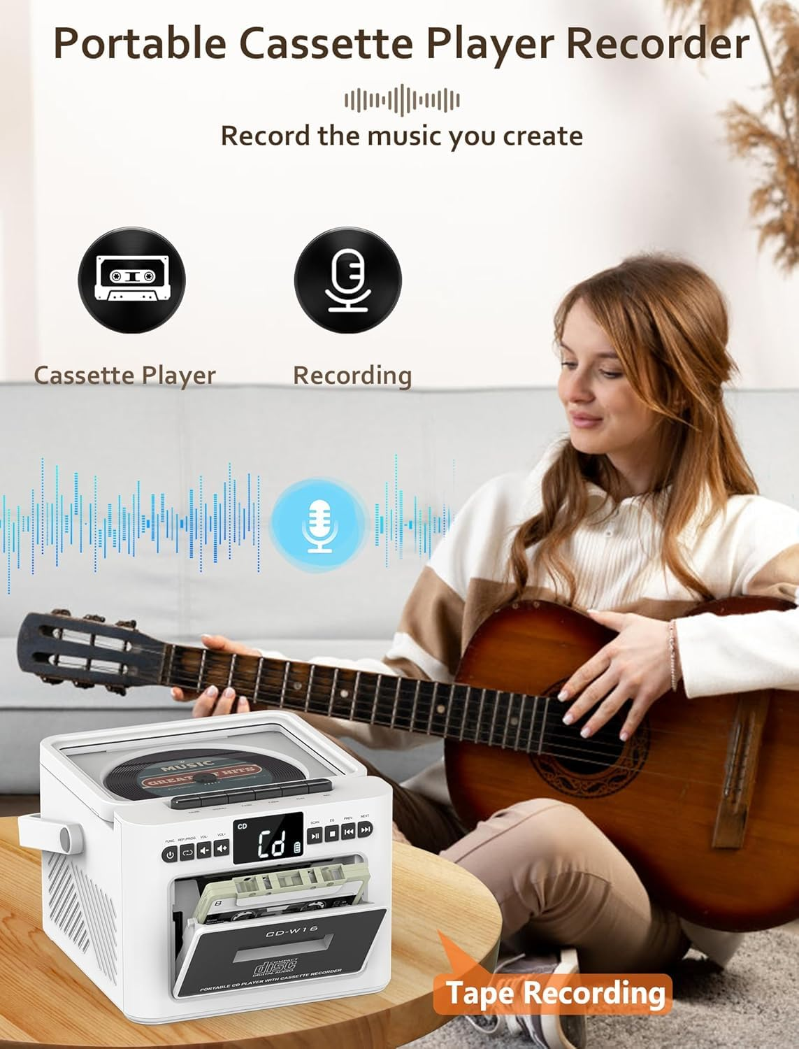 Jazmm Rechargeable CD Player Boombox with Bluetooth, Cassette Recorder ...