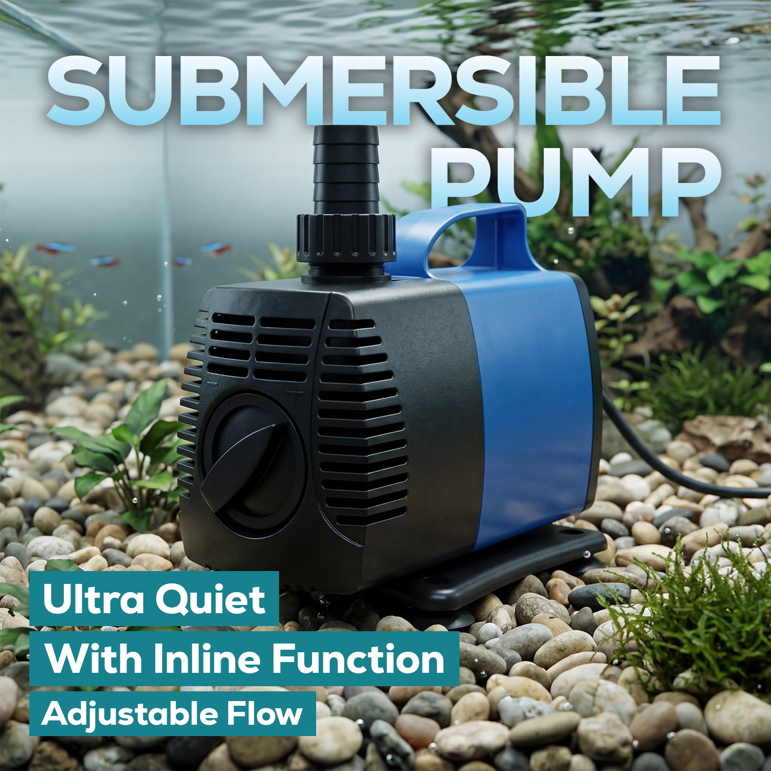 1190 GPH Amphibious Water Pump, 45W Quiet Submersible & Inline External ...