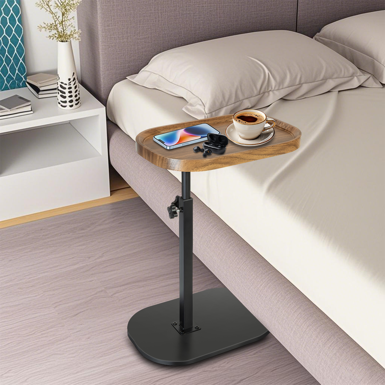 LUOLUO C Shaped Side Table, 360° Rotating Adjustable Height Couch Side ...