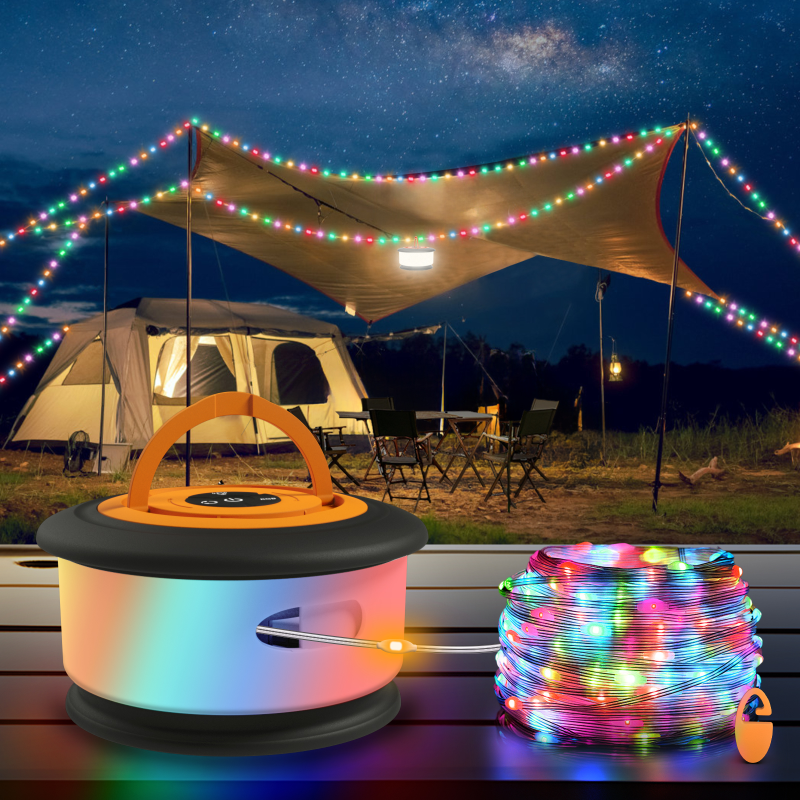 Camping Light String, 3-in-1 Retractable RGB Outdoor Light String, 19 ...