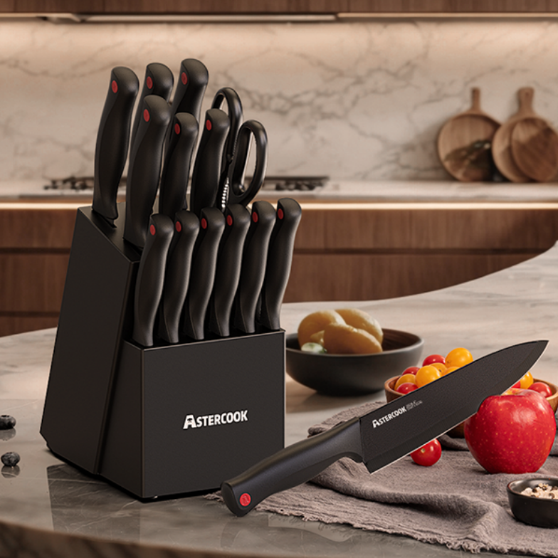 Astercook 15-Piece Kitchen Knife Set with Sharpener, German Stainless Steel, Anti-Rust ...