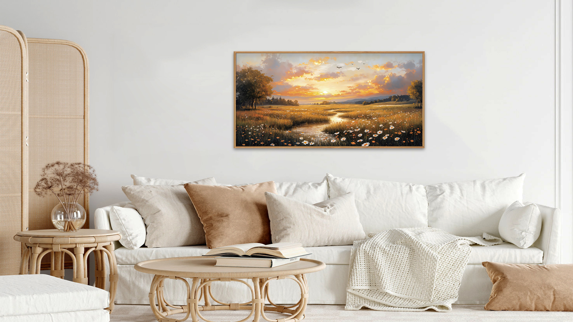 Boho Nature Landscape Canvas Wall Art Framed Rustic Sunset and River ...