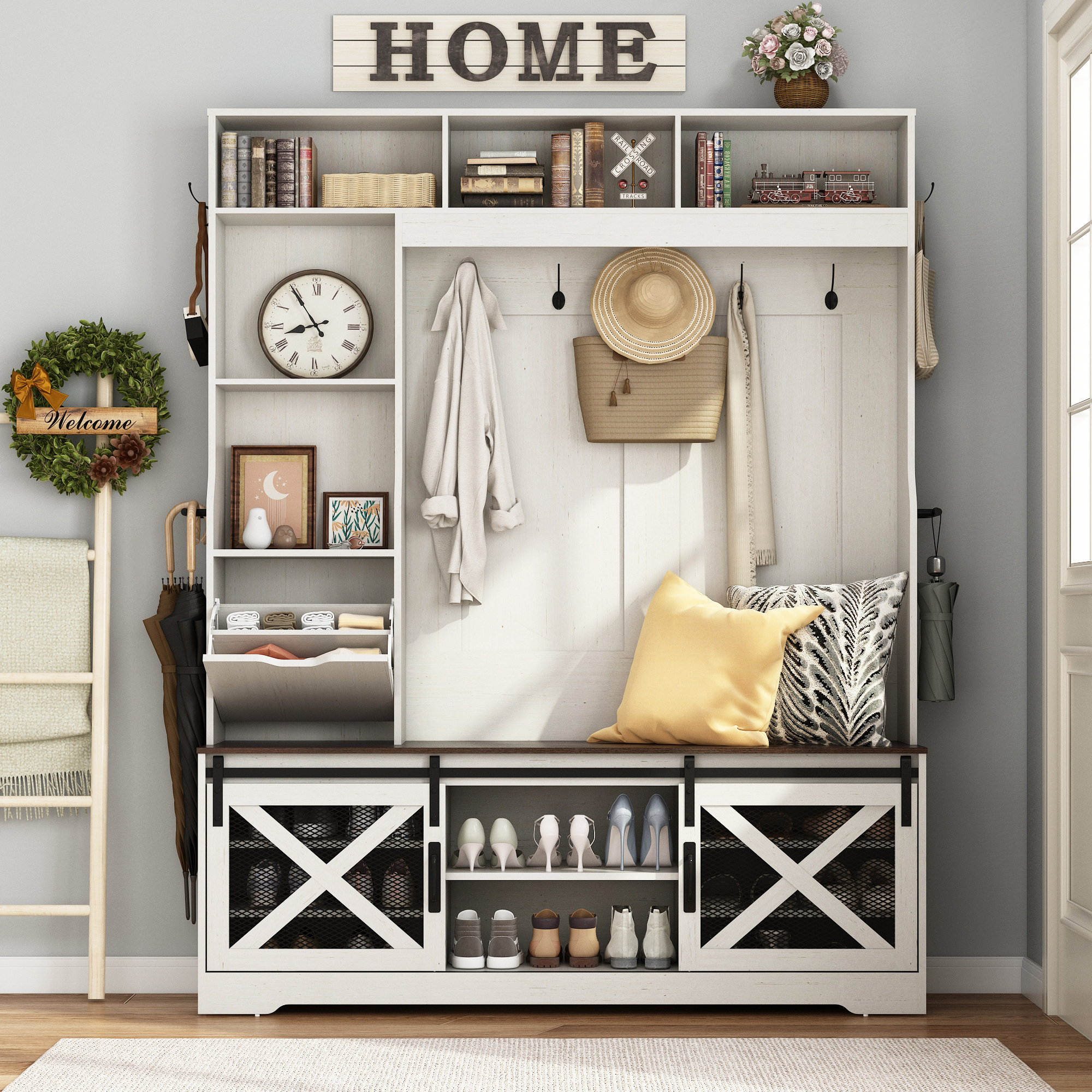 ChVans 75''H LED Farmhouse Hall Tree with Bench and Shoe Storage, White ...