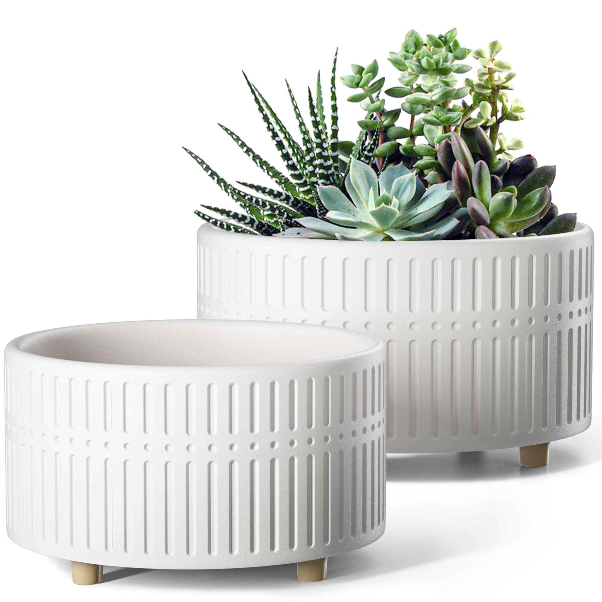 BEMAY Ceramic Succulent Pots 8+6.5 inch White Round Planters with ...