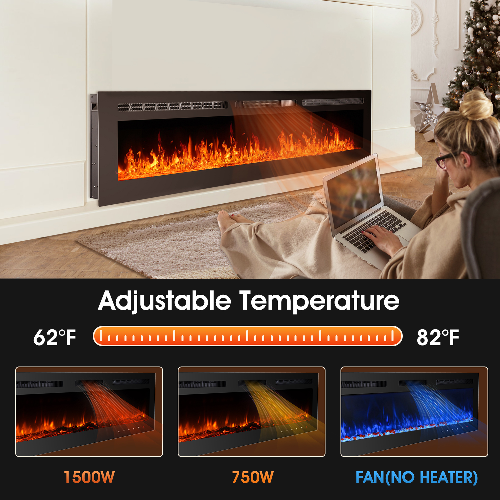 70 inch Ultra-Thin Electric Fireplace Recessed and Wall Mounted,Touch ...