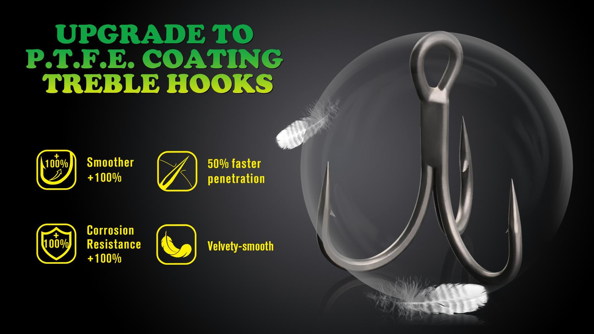 PTFE Coated Treble Hooks #4 Short Shank Fishing Hooks for Bass Walleye ...
