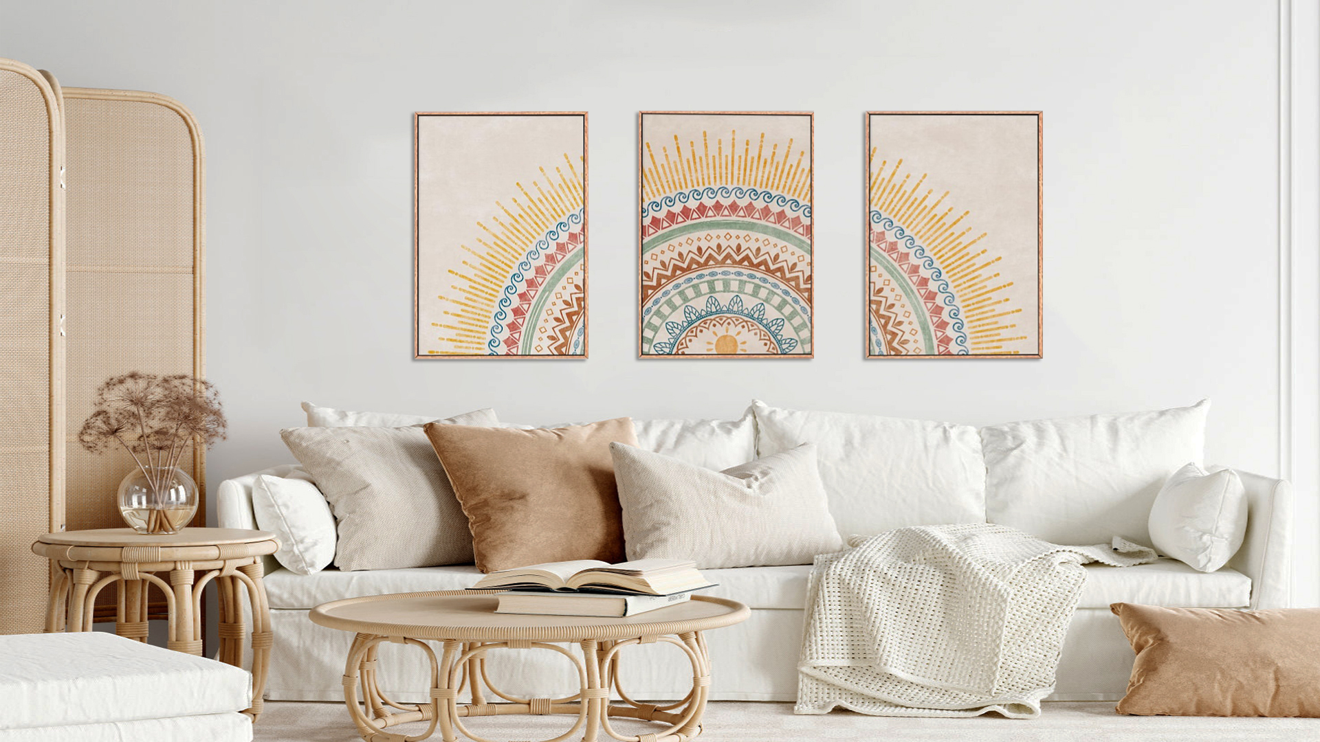Boho Sun Canvas Wall Art Modern Mandala Framed Wall Decor Minimalism ...