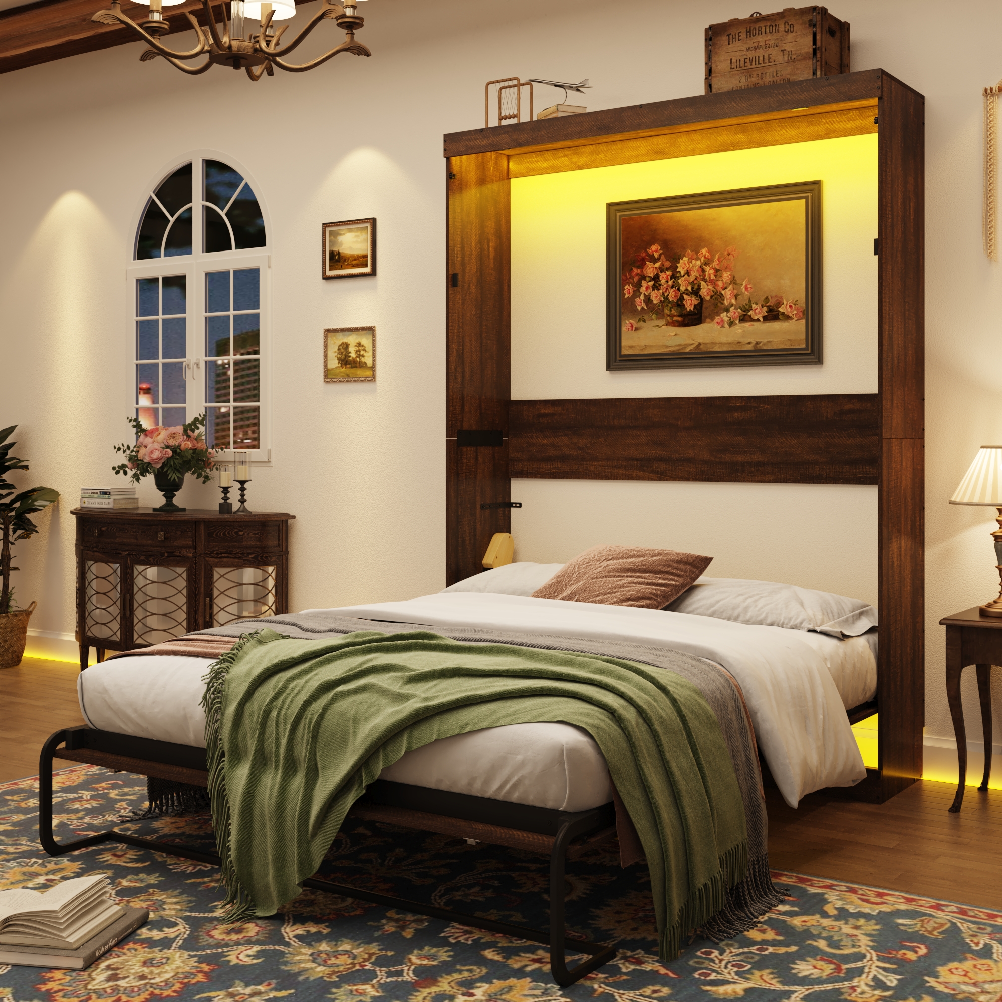 ANPOO Queen Size Murphy Bed with 2 LED Lights, Farmhouse Wood Hidden ...