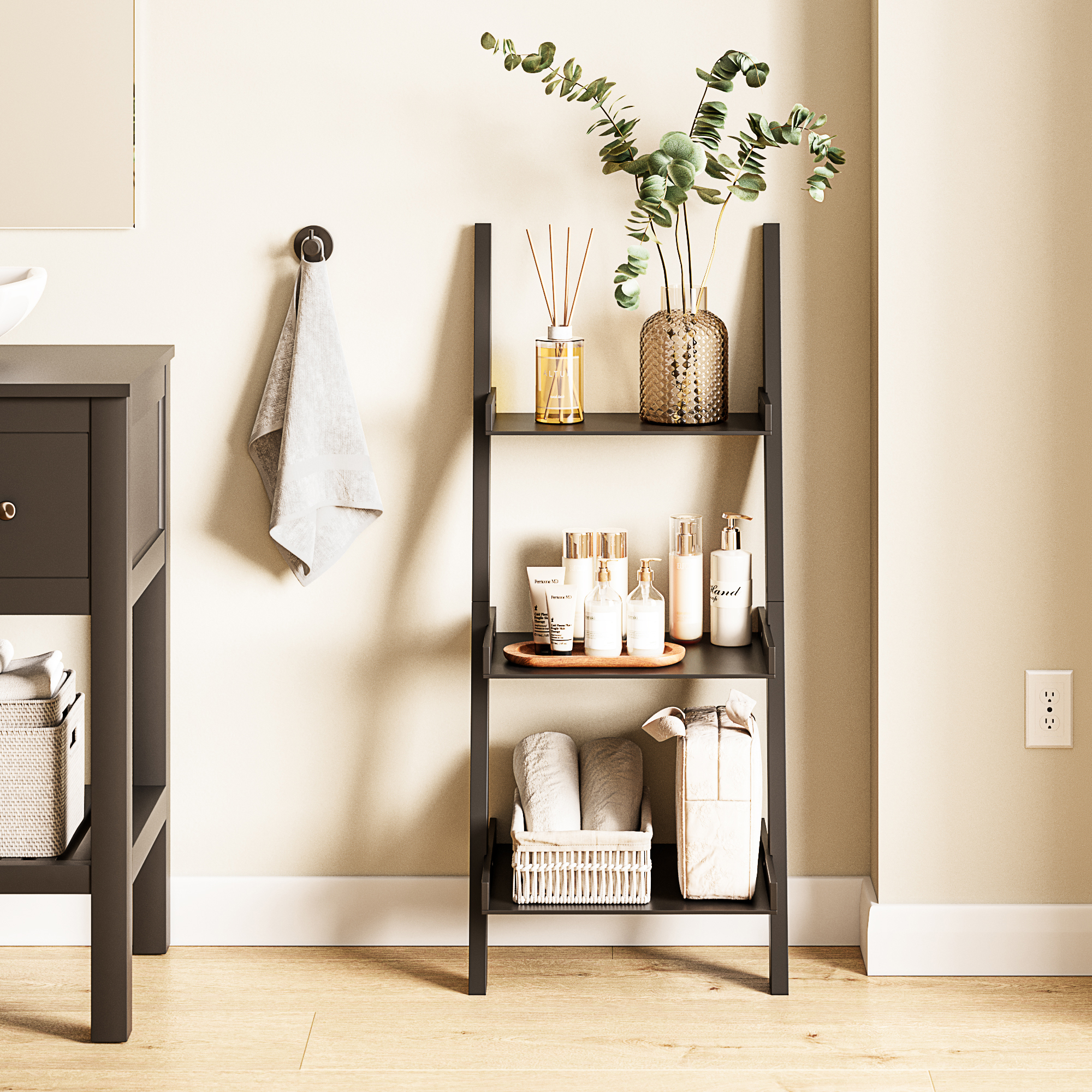 Ballucci 3-Tier Storage Ladder Shelf Bookcase, Wood Leaning Ladder ...