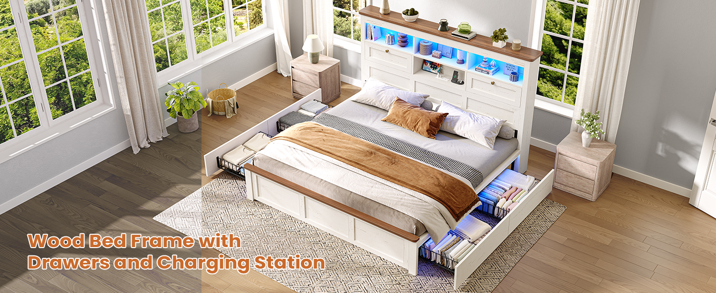 Queen Platform Beds with Flip-down Storage Headboard Farmhouse Bookcase ...