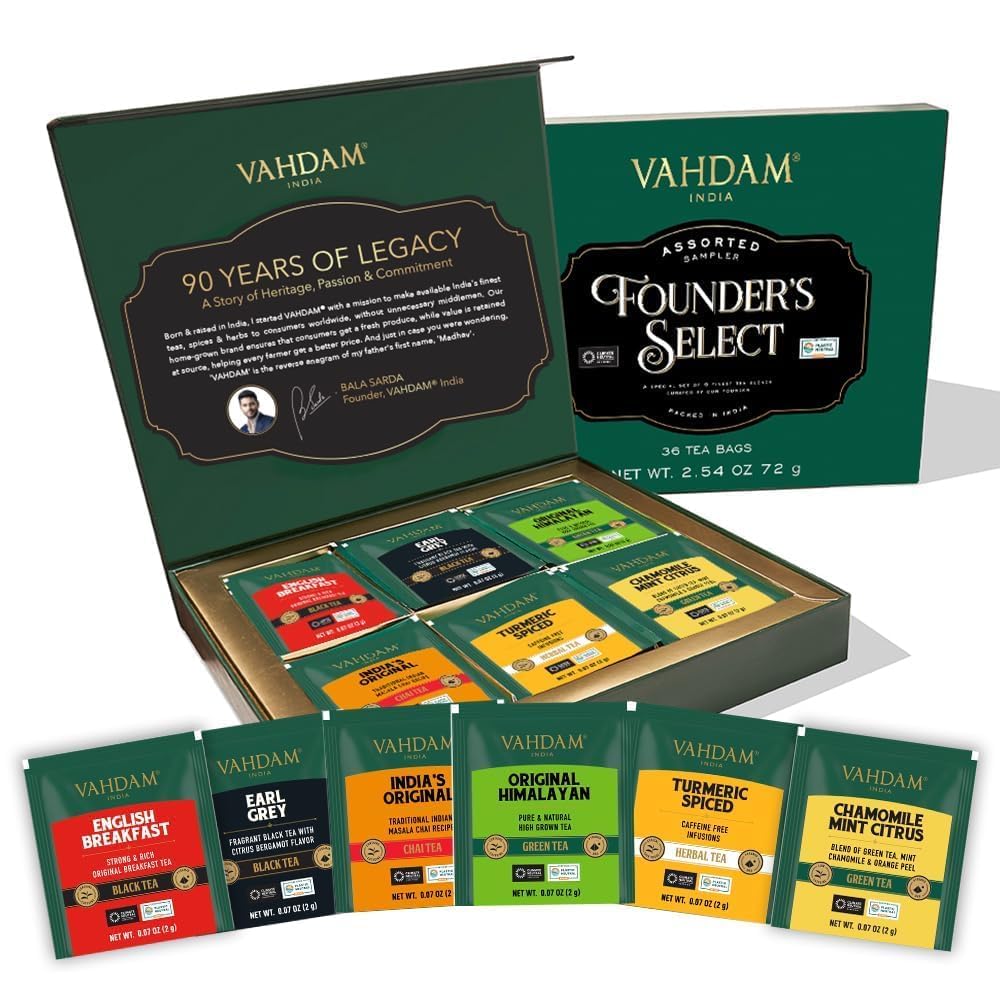 VAHDAM Founder's Select Tea Gift Set, 6 Flavors, 36 Tea Bags, Black ...