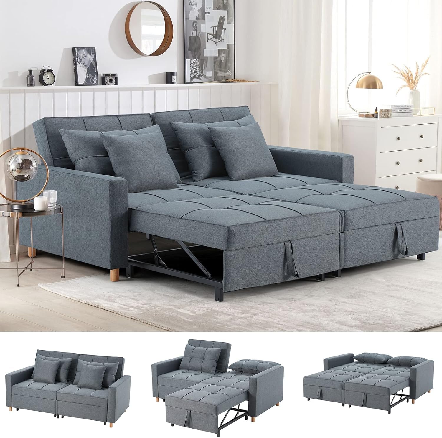 YODOLLA 3-in-1 Futon Pull Out Couch & 71" Sleeper Sofa Bed for Living ...