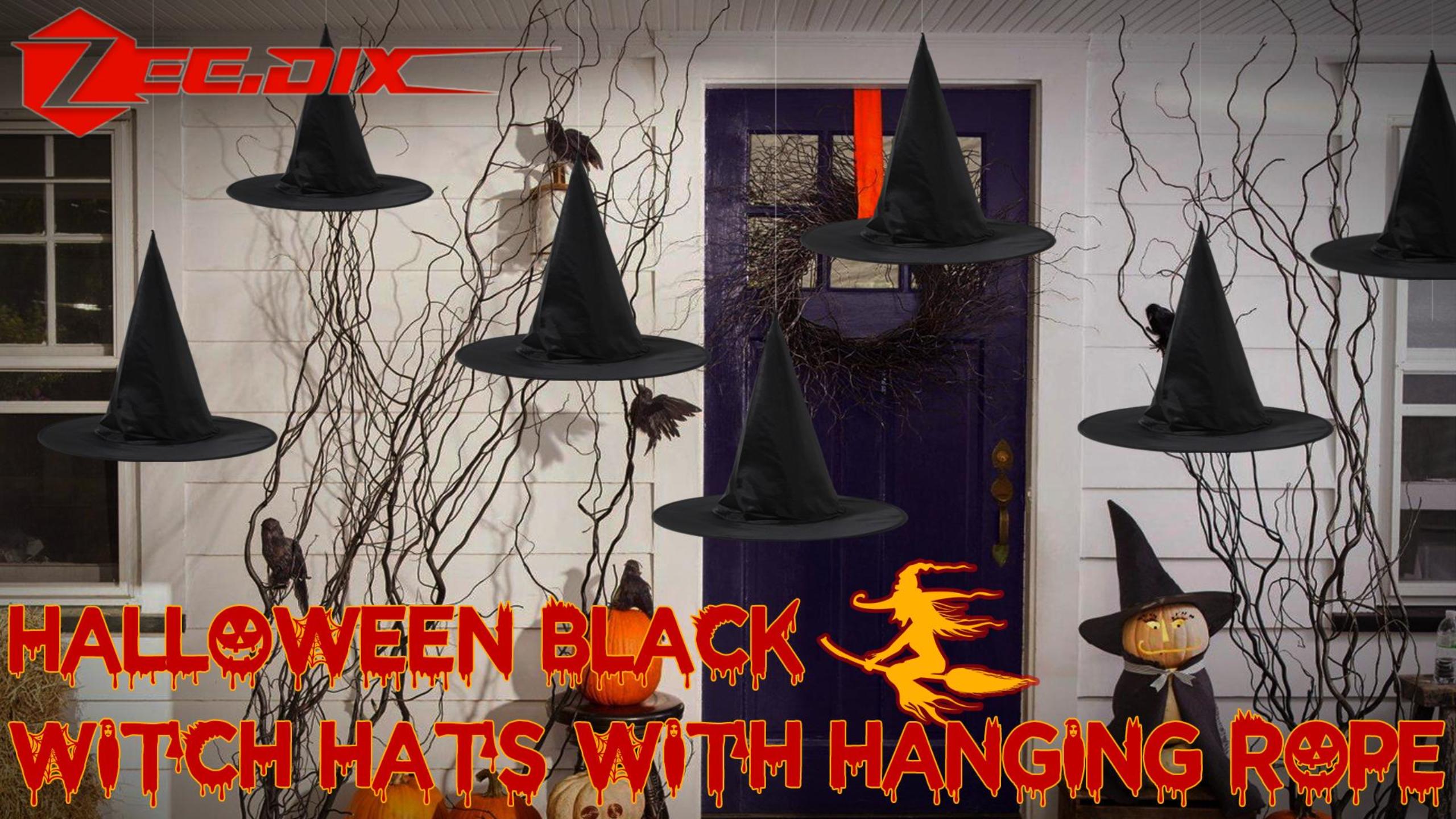 ZeeDix 12Pcs Floating Halloween Witch Hats, 15Inch Black Caps with 98ft ...