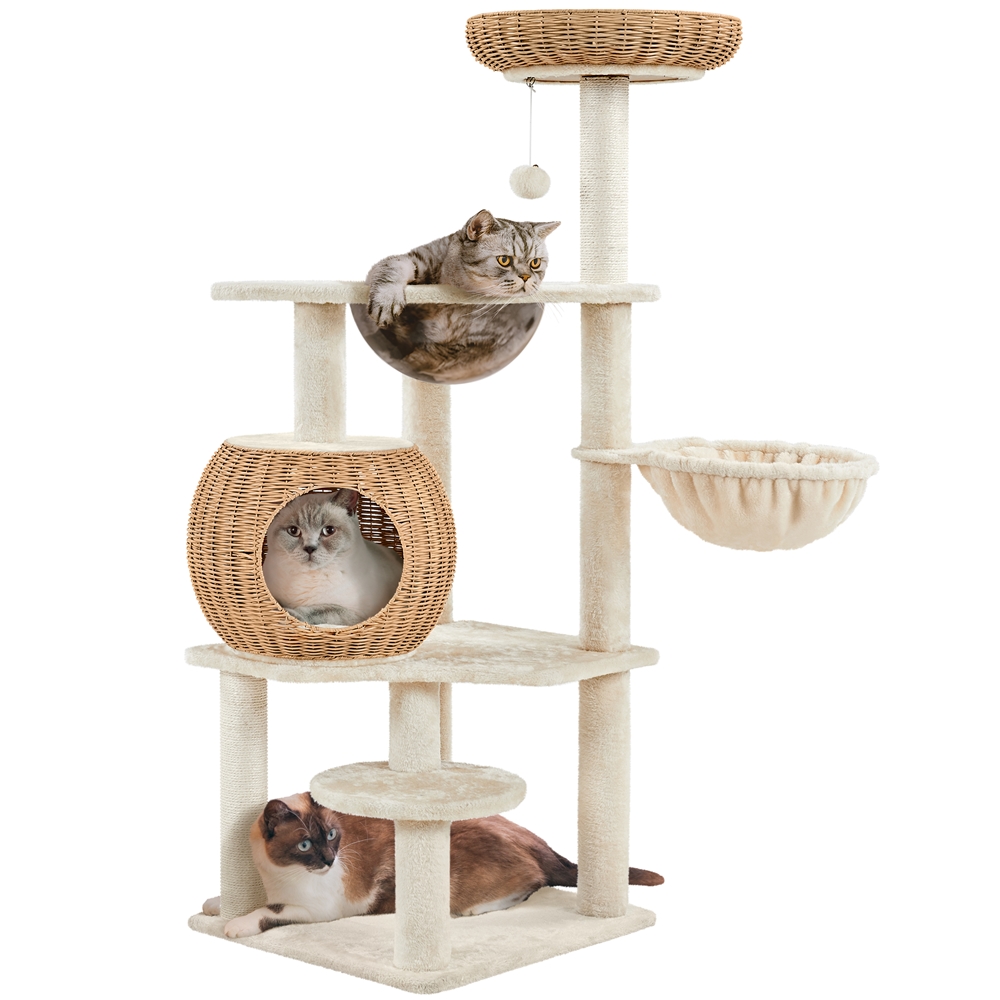 Alden Design 54″ Tall Rattan Cat Tree with Soft Cushion Clear Bowl for ...