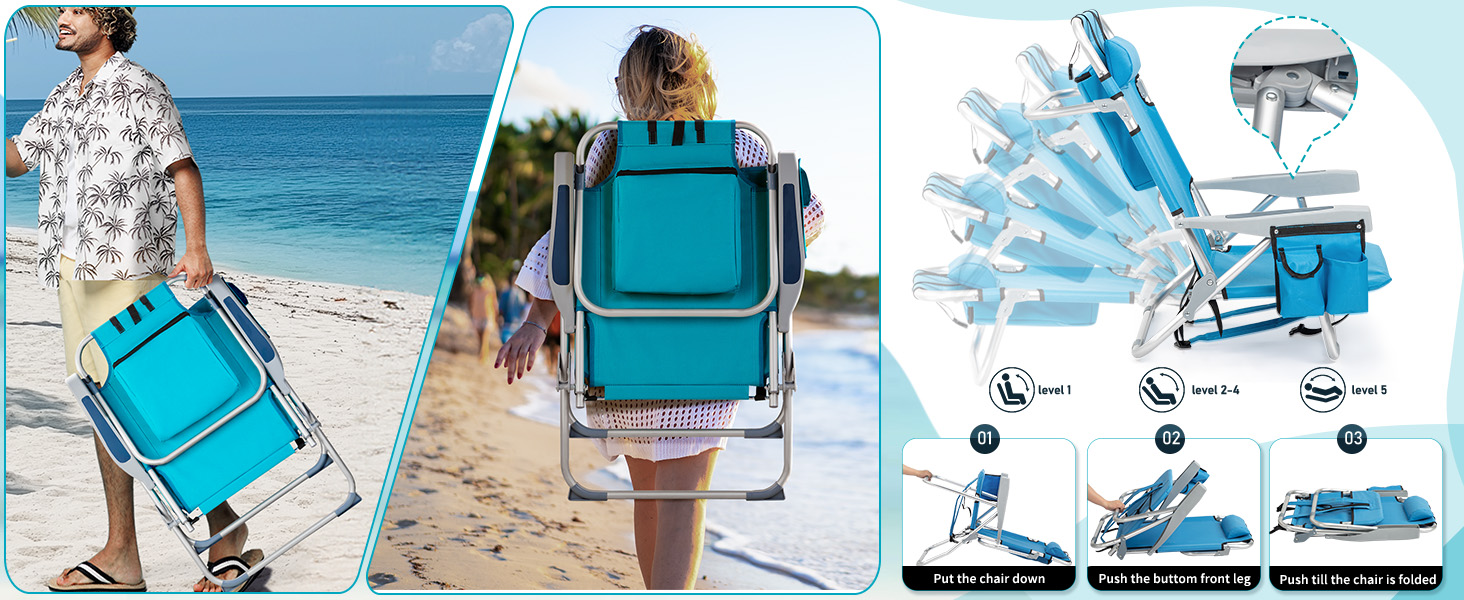 Beach Chairs with 5-Position Recline, 330lbs Folding Backpack Beach ...