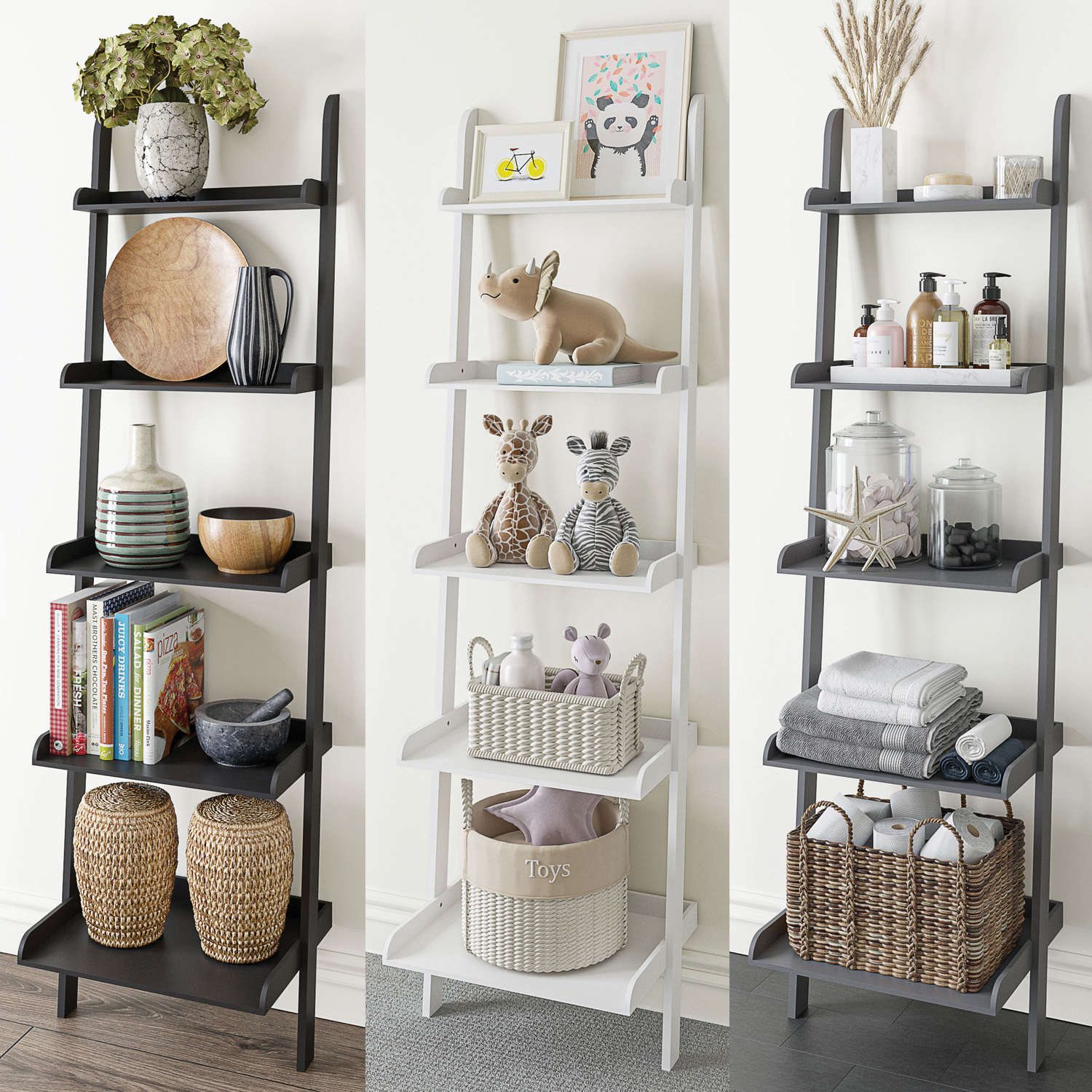 "Ballucci White 5-Tier Ladder Style Bookshelf, Modern Bookcase, 67"" H ...